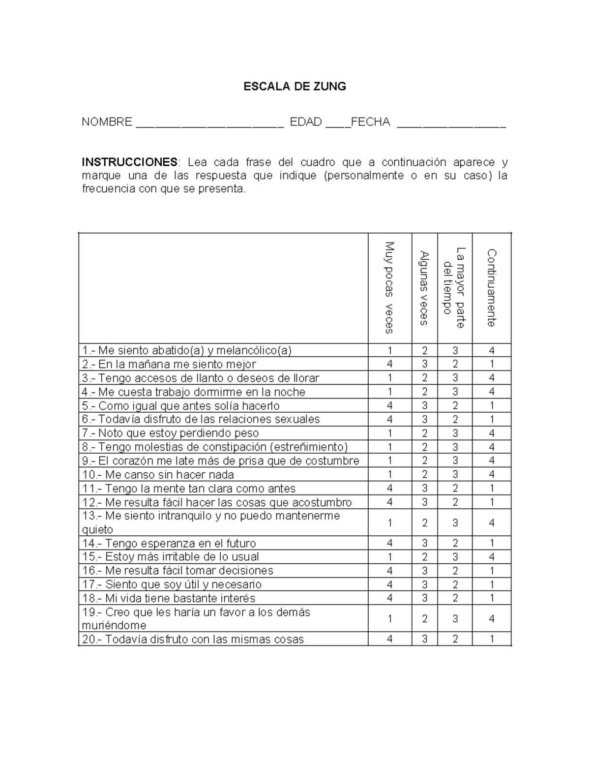 Escala DE ZUNG - Test psicologico - ESCALA DE ZUNG NOMBRE ...