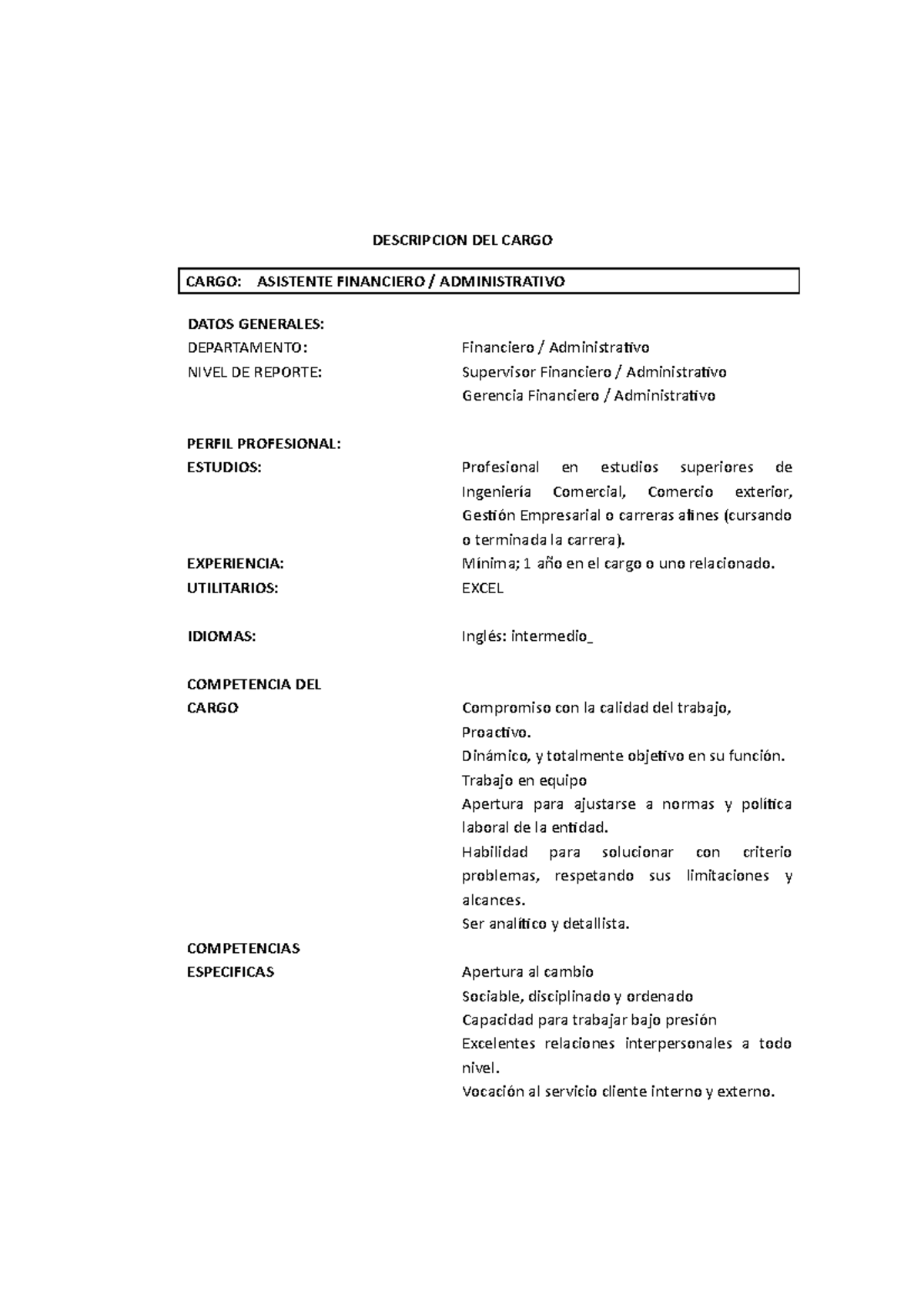 Descripcion DE Puesto Asistente Administrativo Y Financiero - DESCRIPCION DEL CARGO CARGO ...