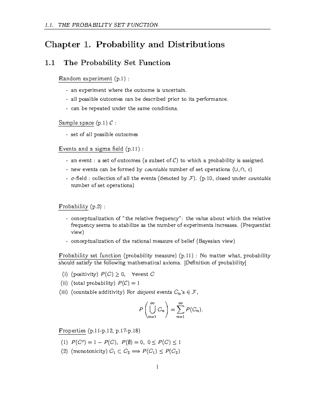 Lecturenote 1 - 1. THE PROBABILITY SET FUNCTION Chapter 1. Probability and Distributions 1 The ...