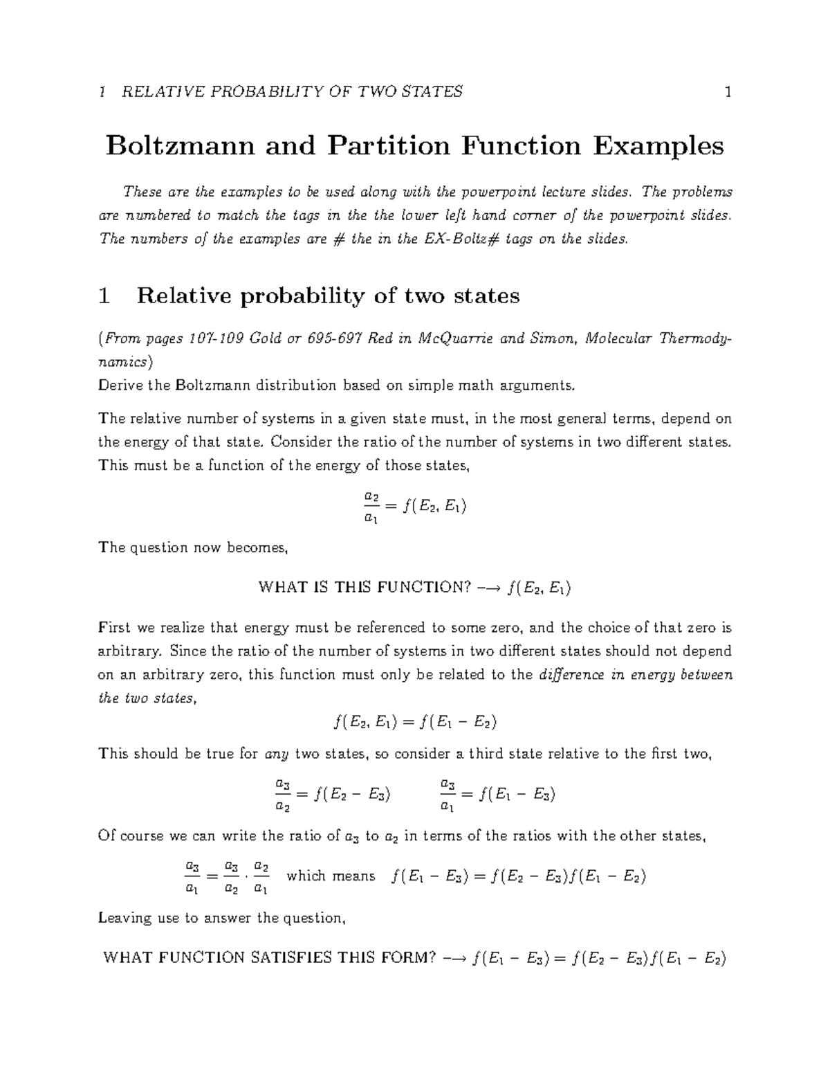 Module 03 examples - 1 RELATIVE PROBABILITY OF TWO STATES 1 Boltzmann ...