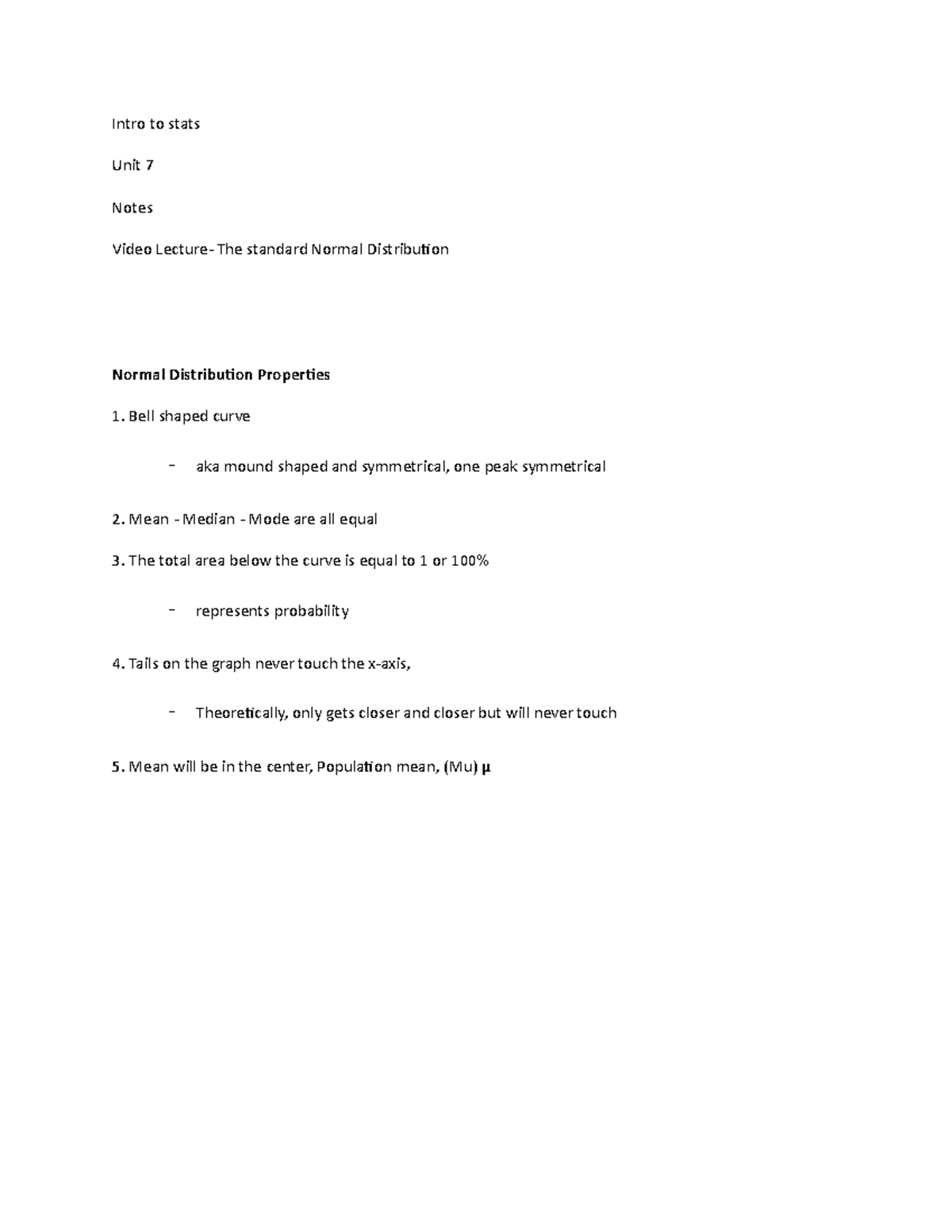Notes - Video Lecture- The Standard Normal Distribution - Intro to ...