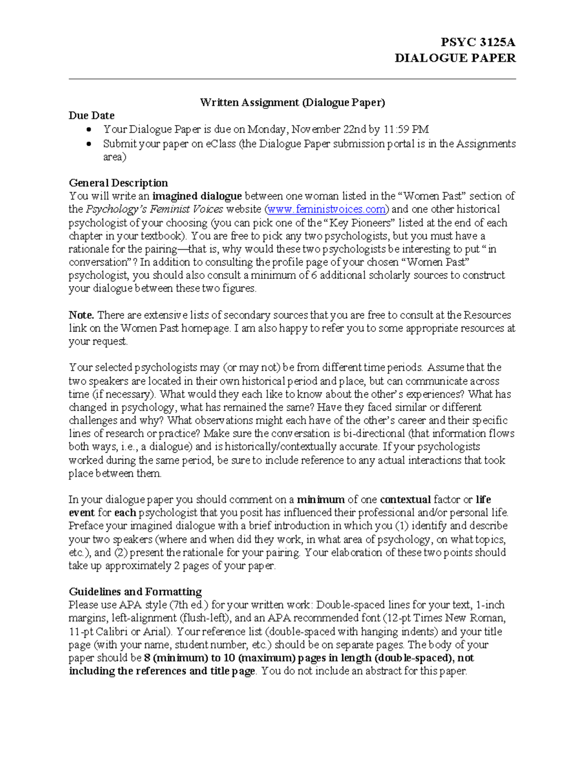 Written Assignment Instructions - PSYC 3125A - PSYC 3125A DIALOGUE ...