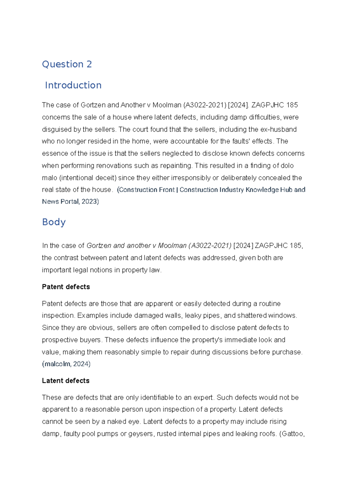 Patent and Latent defects and voetstoots clause - Question 2 ...