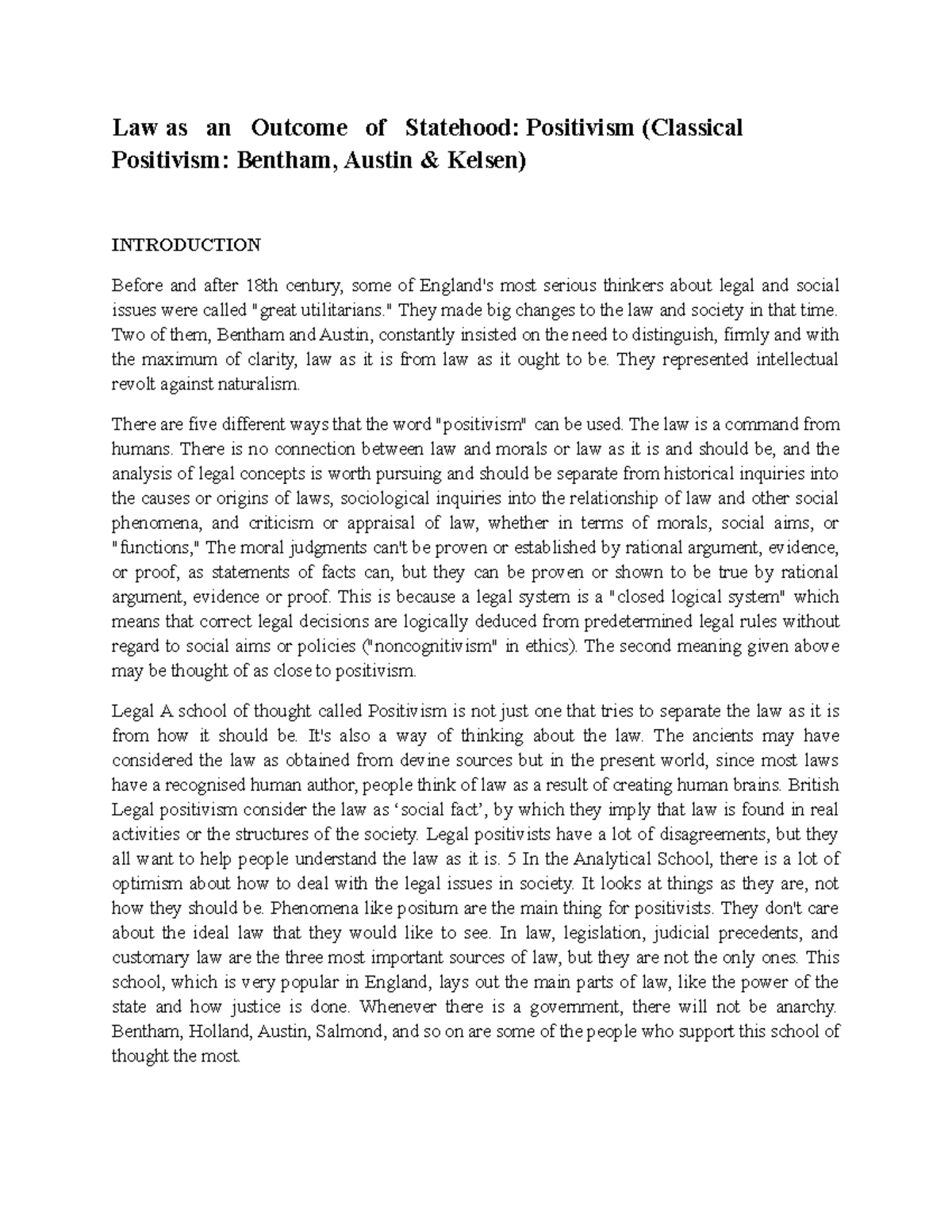 Law as an Outcome of Statehood Positivism Classical Positivism Bentham ...