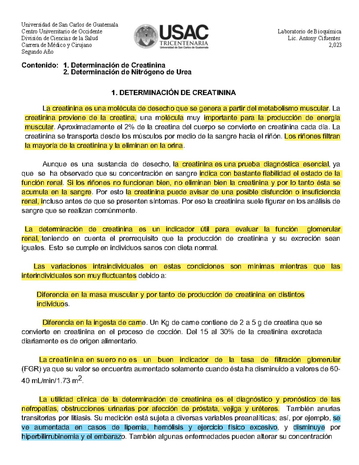 Determinación de Creatinina y BUN 2023 - Centro Universitario de ...