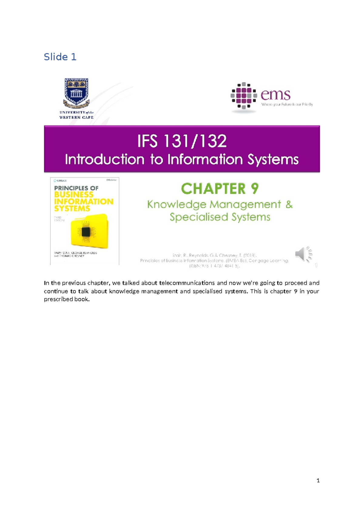 IFS131 132 Chapter 9 text version with slide images - In the previous chapter, we talked about ...