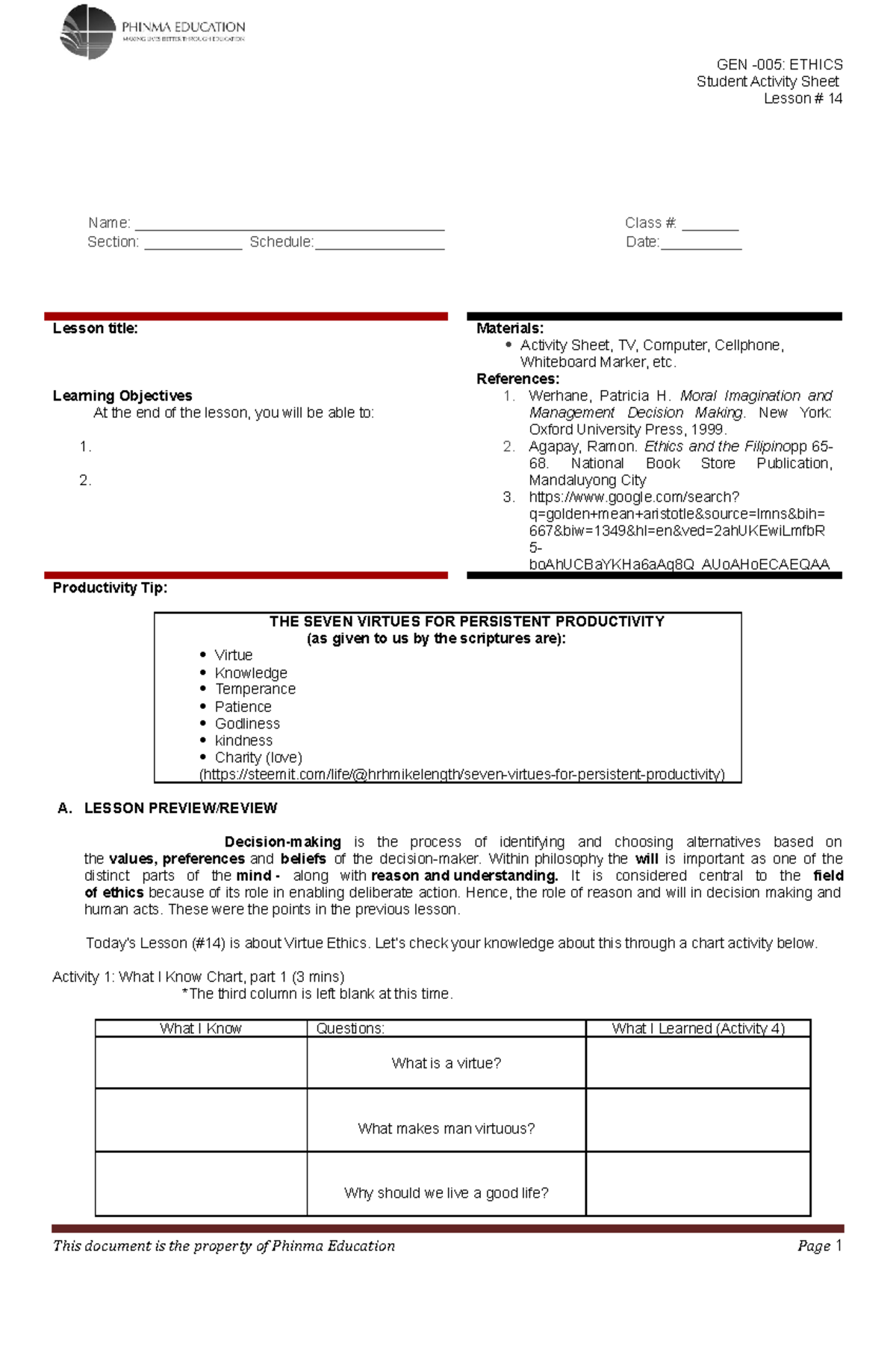 Environmental science Lecture 7 - GEN -005: ETHICS Student Activity ...