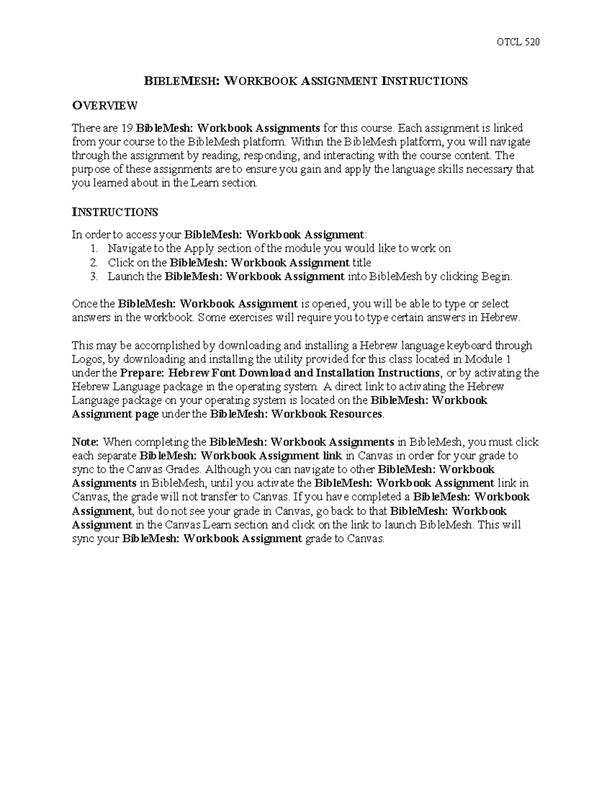 Bible Mesh Workbook Assignment Instructions - OTCL 520 BIBLEMESH: WORKBOOK ASSIGNMENT ...
