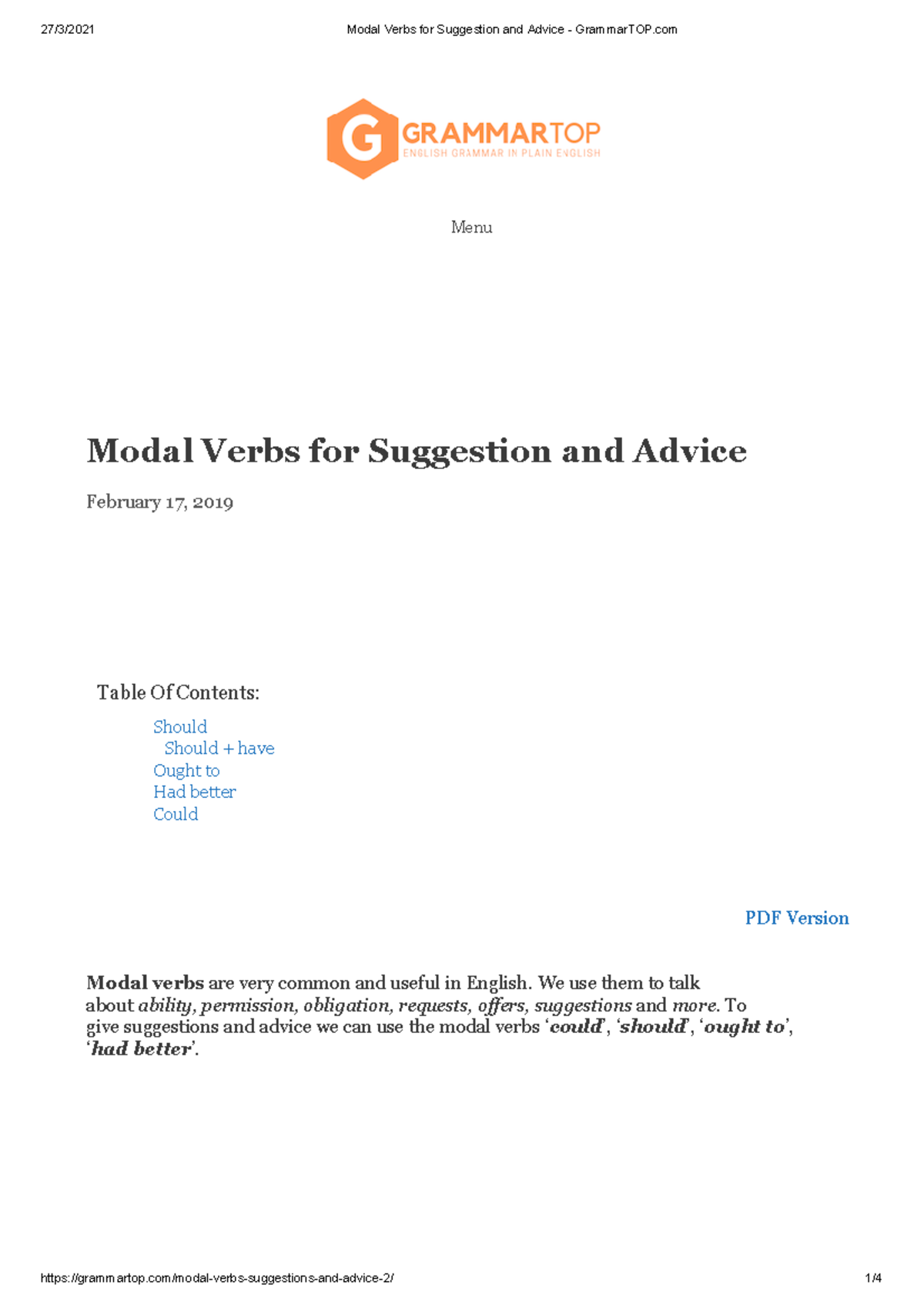 Modal Verbs for Suggestion and Advice - Grammar TOP - PDF Version Modal ...