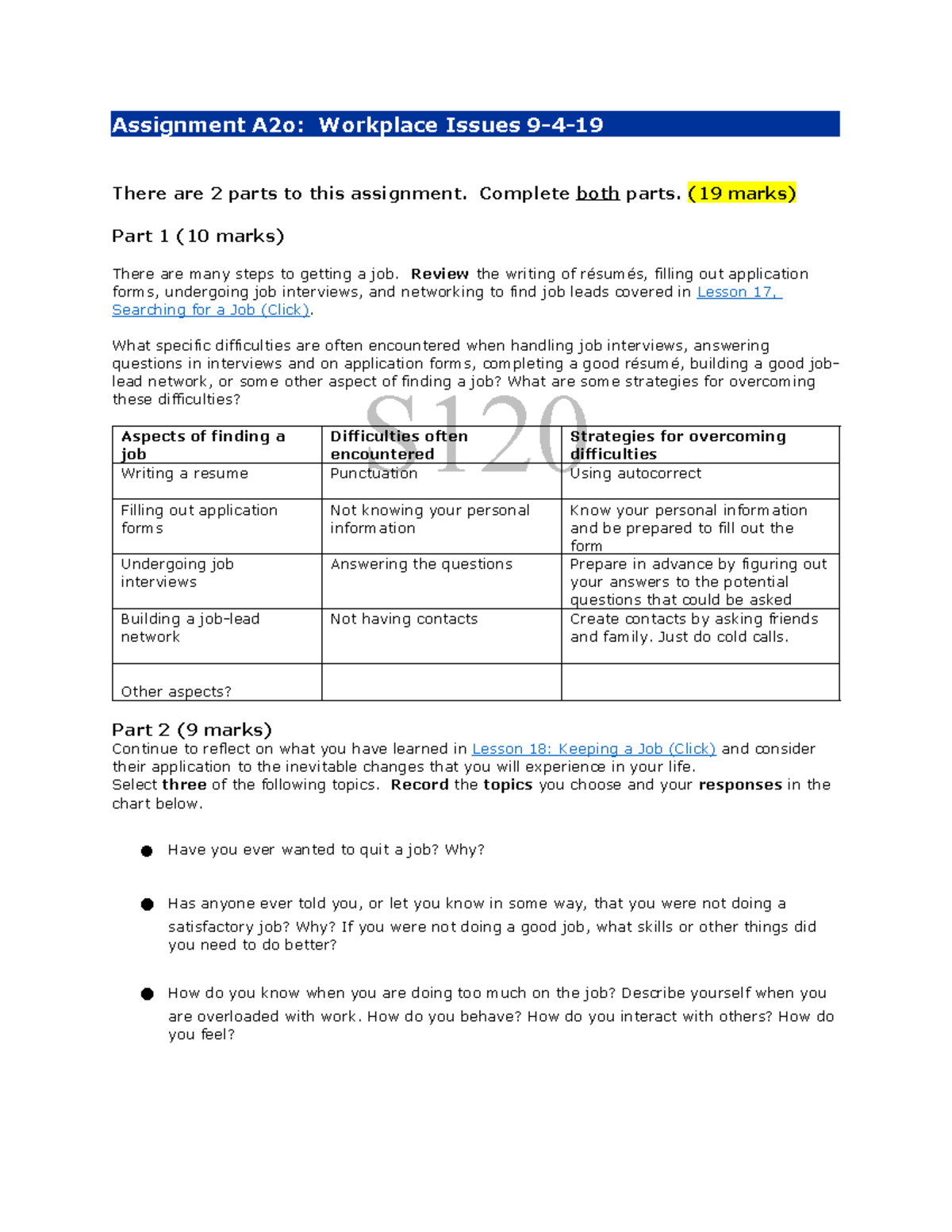 A2o Workplace Issues (1) - S S Assignment A2o: Workplace Issues 9-4- CALM There are 2 parts to ...