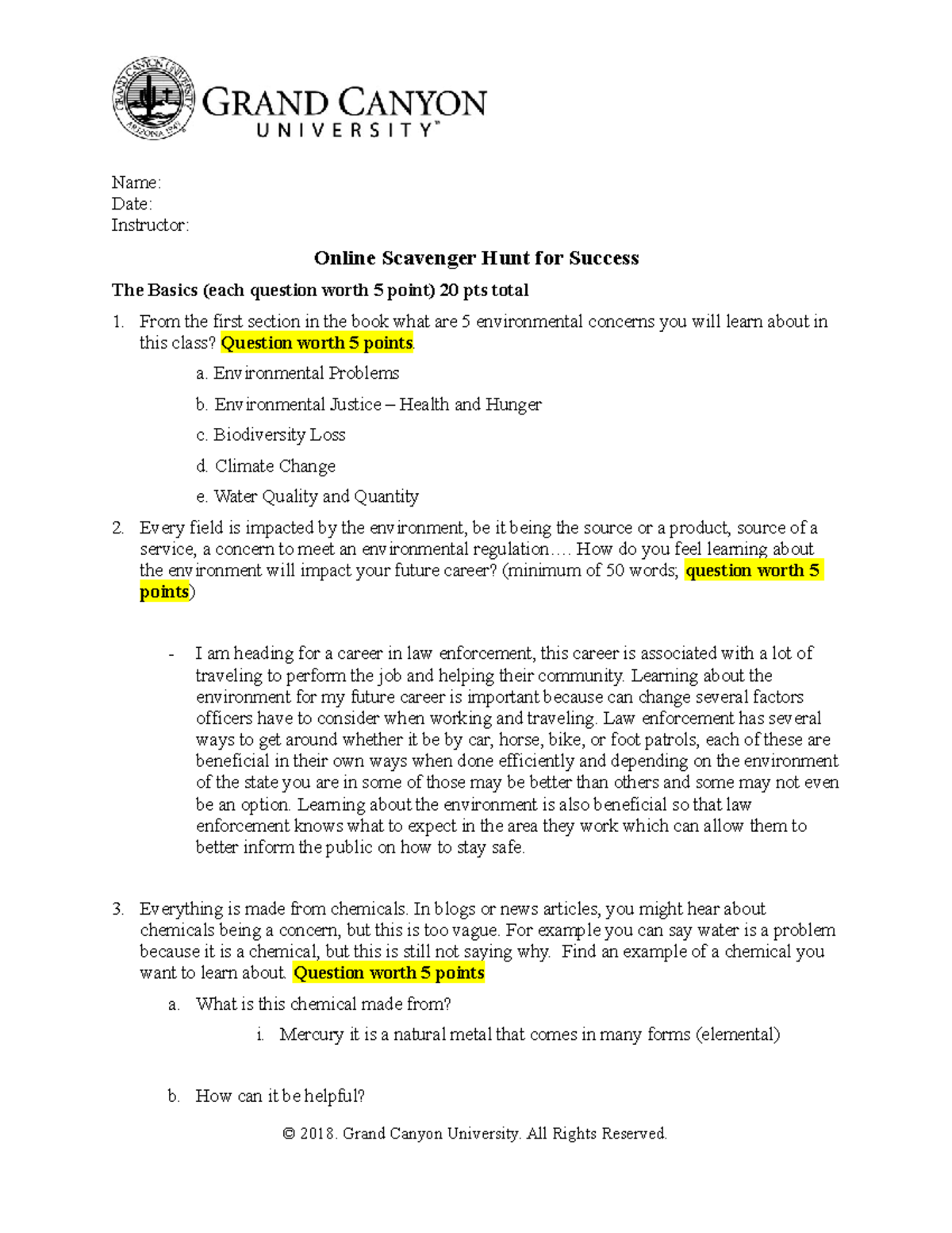 Online Scavenger Hunt For Success - Name: Date: Instructor: Online ...