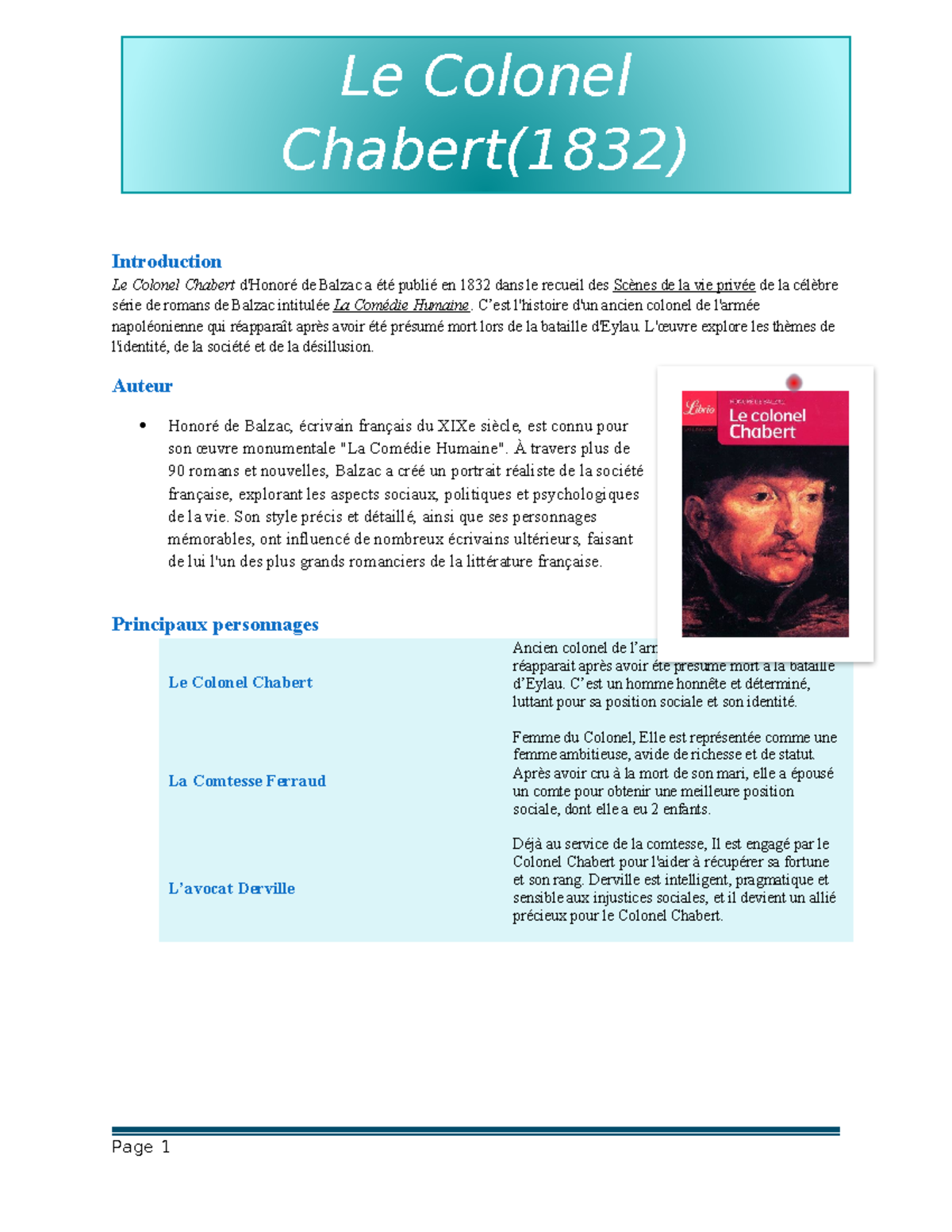 Le Colonel Chabert (fiche lecture) - Introduction Le Colonel Chabert d ...