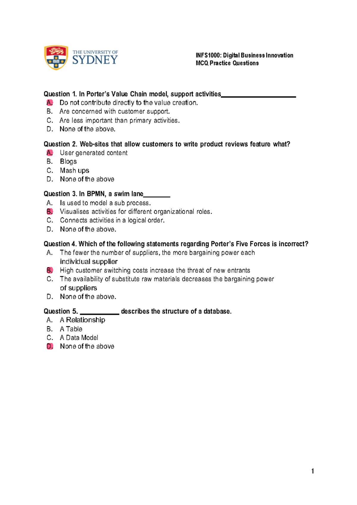 MCQ Practice Questions - 1 INFS1000: Digital Business Innovation MCQ ...