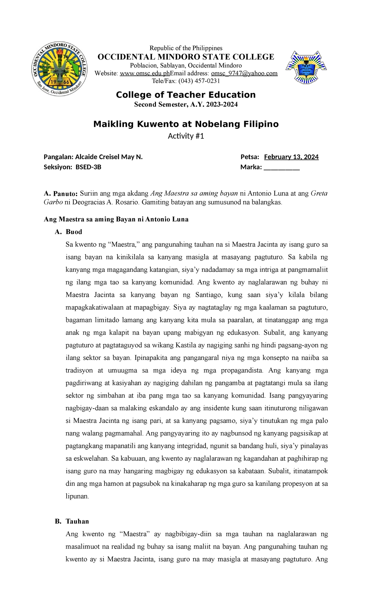 Final na pagsusuri sa maikling kwenton - Republic of the Philippines ...