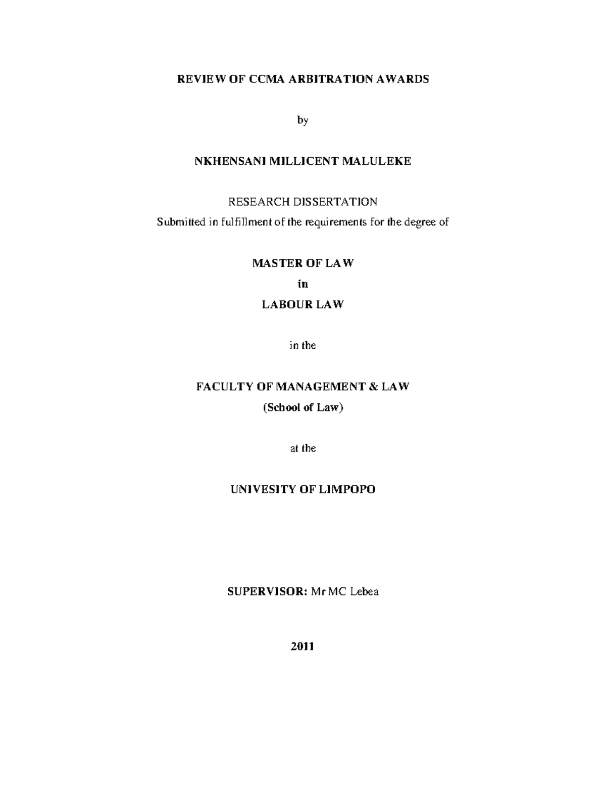 Maluleke m 2011 case law exercise - REVIEW OF CCMA ARBITRATION AWARDS ...