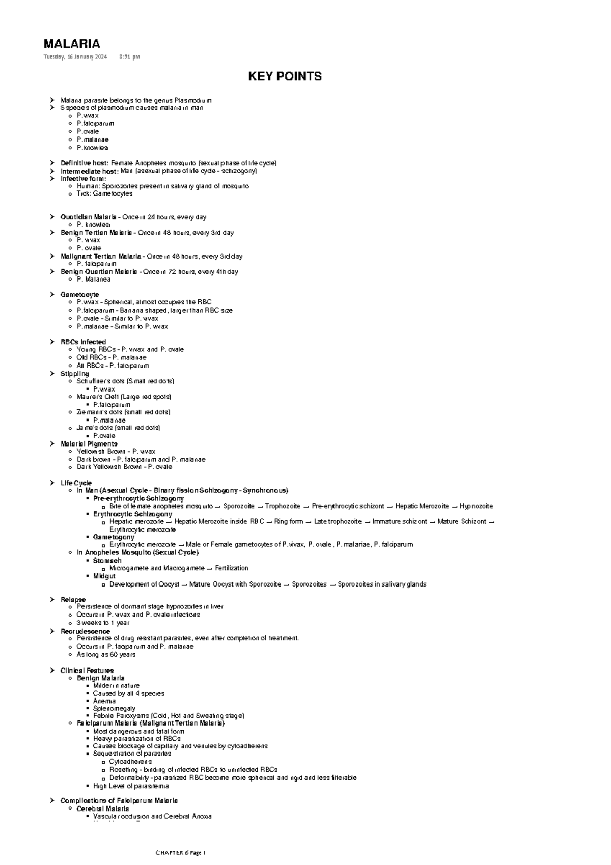 PARASITOLOGY Chapter 6 - KEY POINTS Malaria parasite belongs to the genus Plasmodium 5 species ...