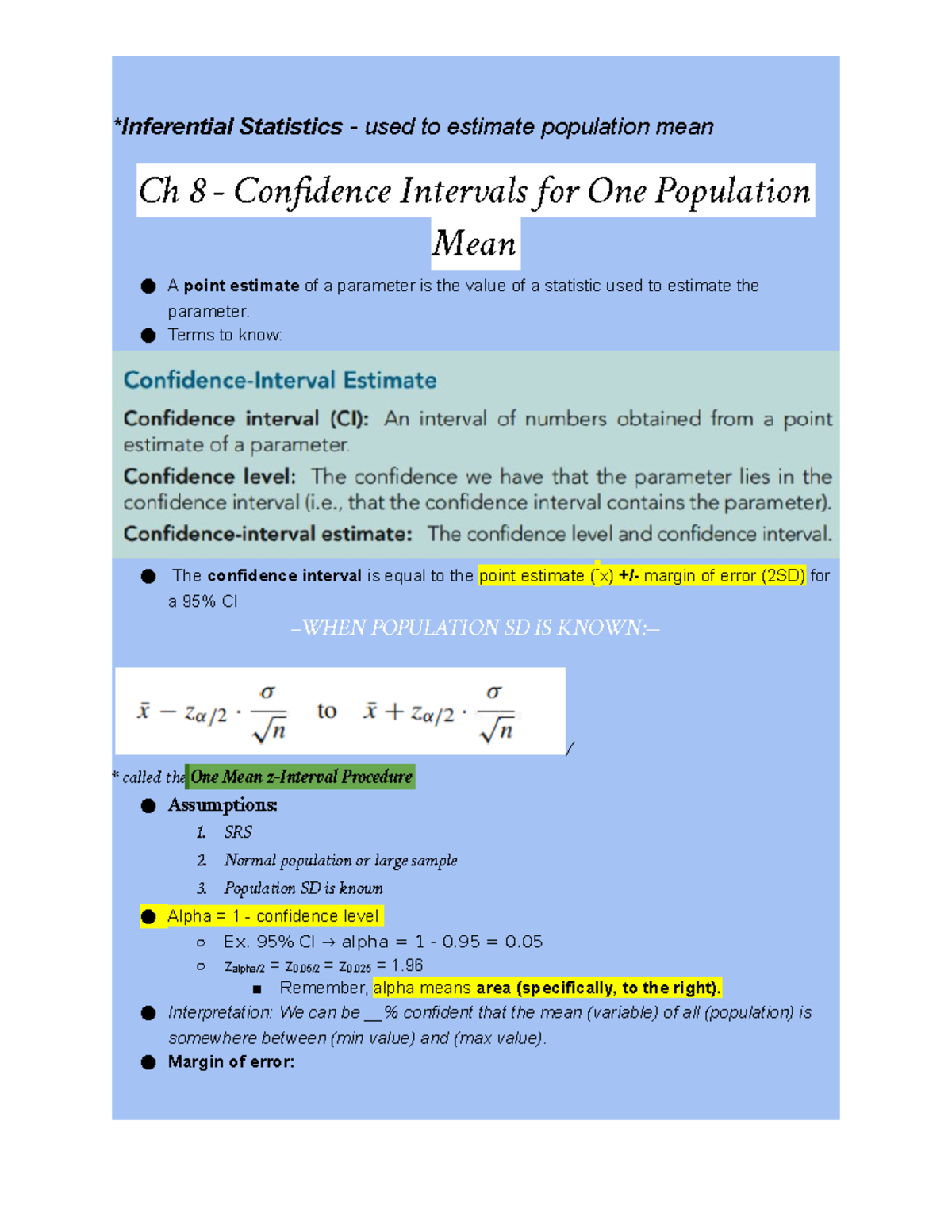 Ch 8 - Inferential Statistics - *Inferential Statistics - used to ...