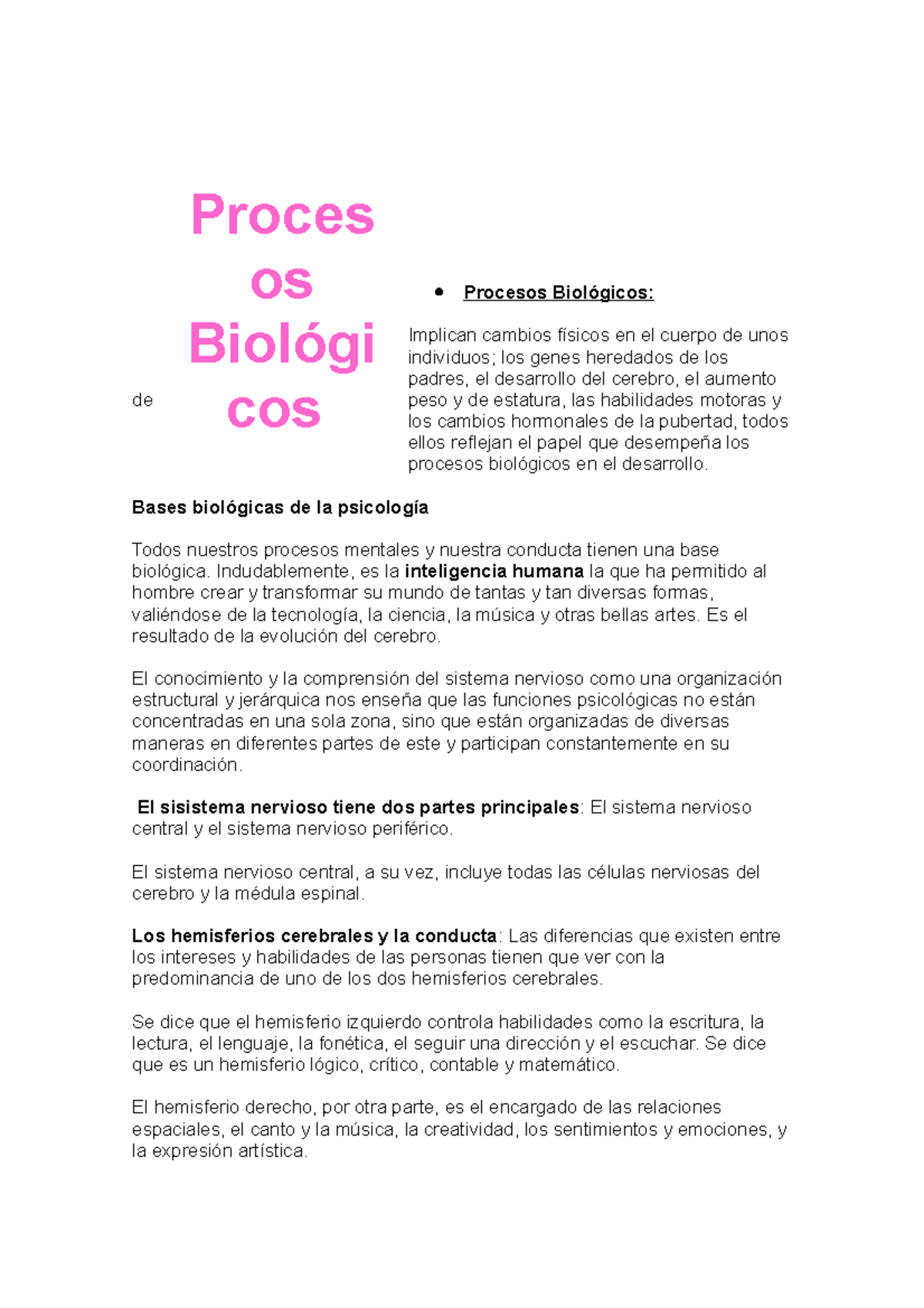 Procesos biologicos 1 - Procesos Biológicos: Implican cambios físicos ...