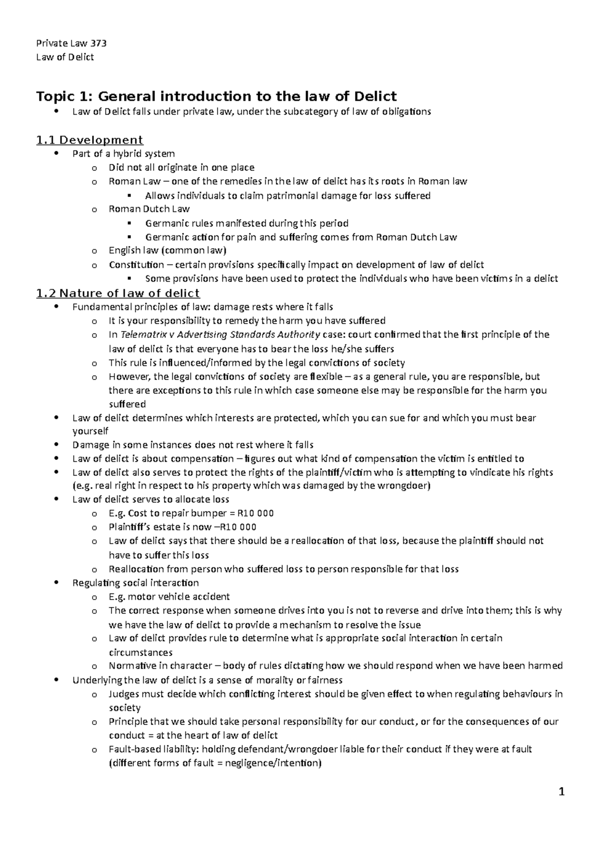 Law of Delict 373 Semester 1 - Private Law 373 Law of Delict Topic 1 ...