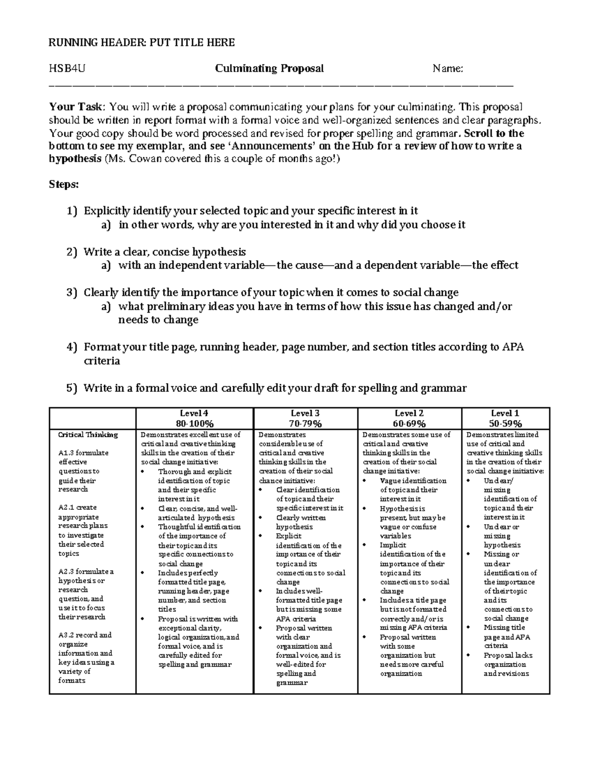 HSB4U Culminating Proposal - RUNNING HEADER: PUT TITLE HERE HSB4U ...