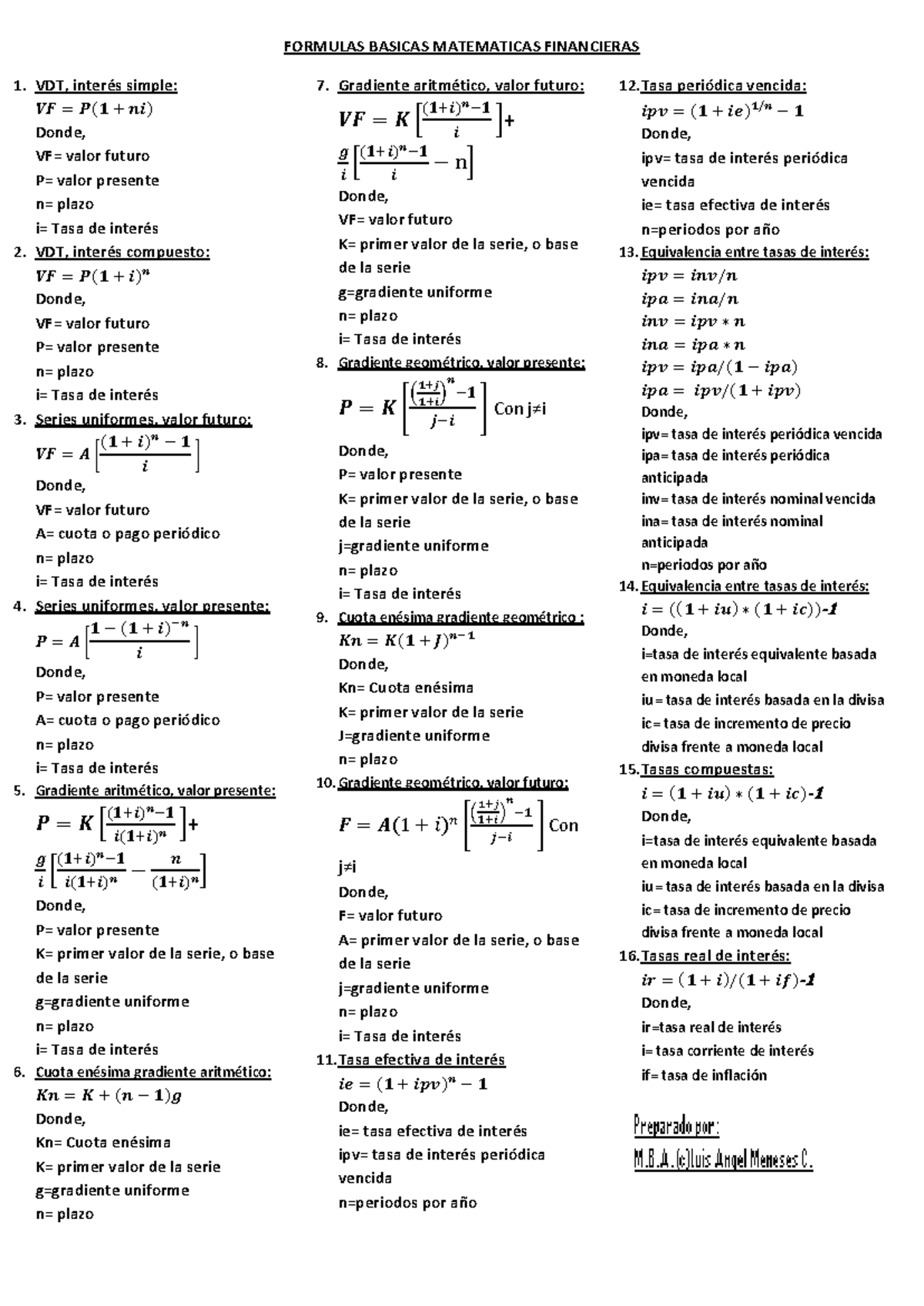 Formulas Basicas Matematicas Financieras - FORMULAS BASICAS MATEMATICAS FINANCIERAS 1. VDT ...