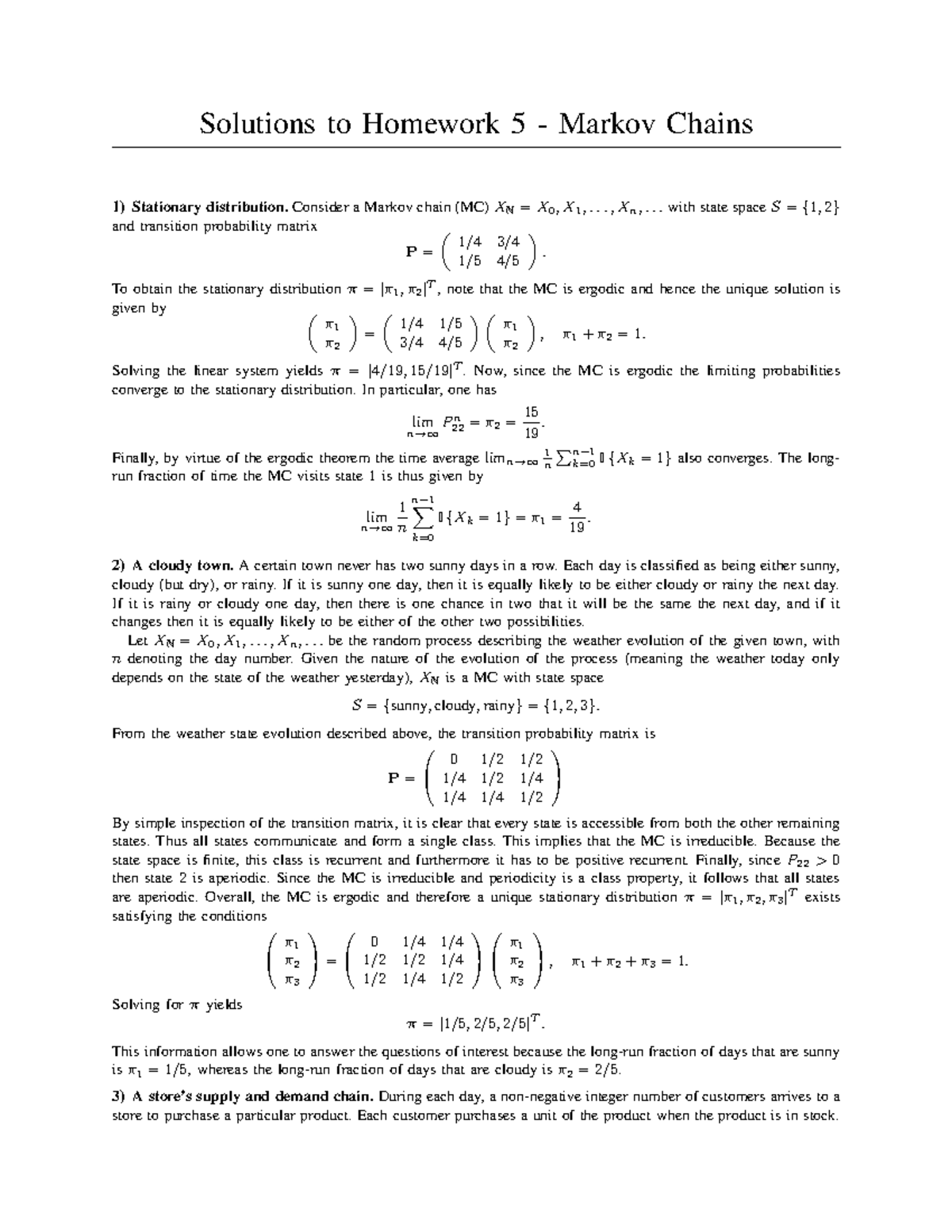 Pdf - Hochoc - Solutions to Homework 5 - Markov Chains Stationary distribution. Consider a ...