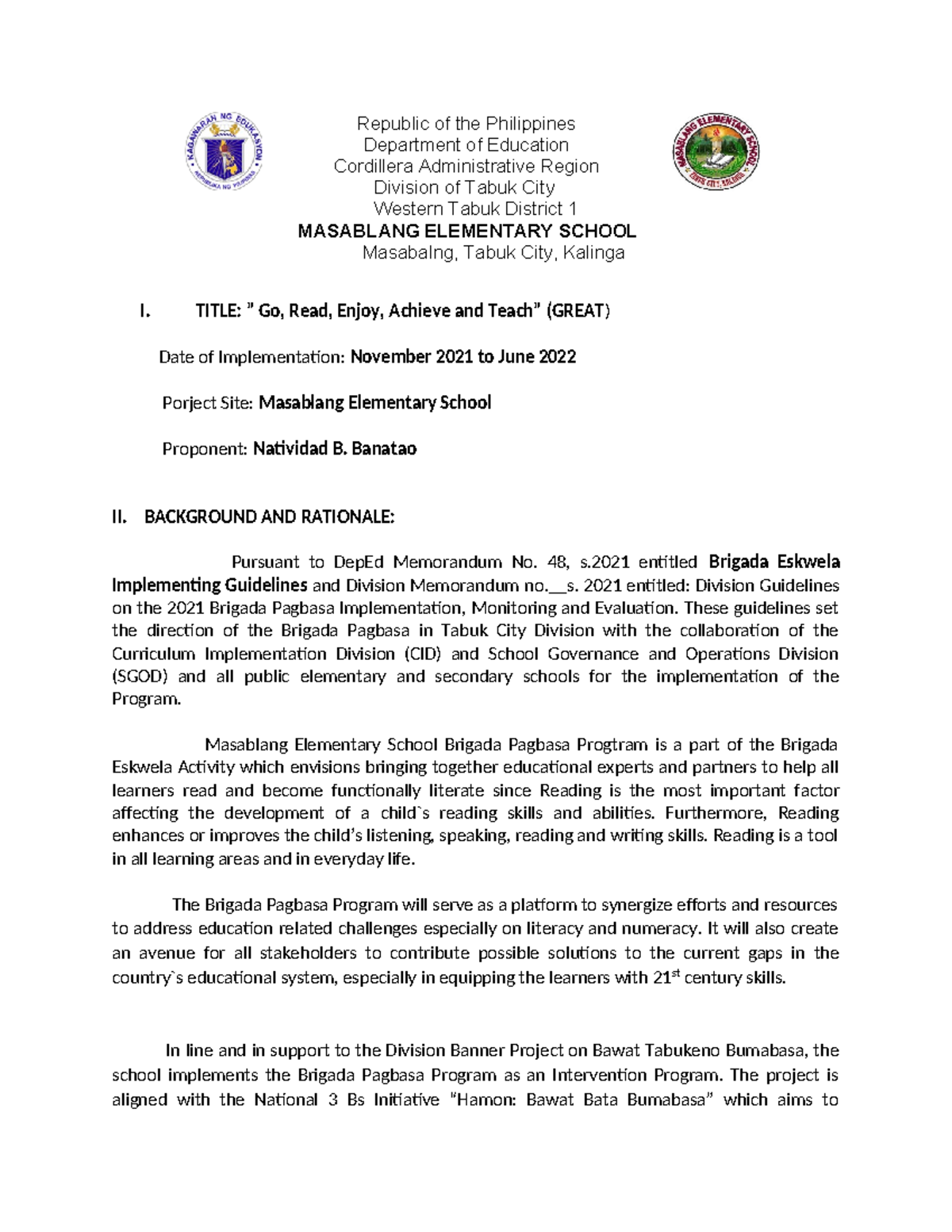 Reading-Proposal-2021-2022 - Republic of the Philippines Department of ...