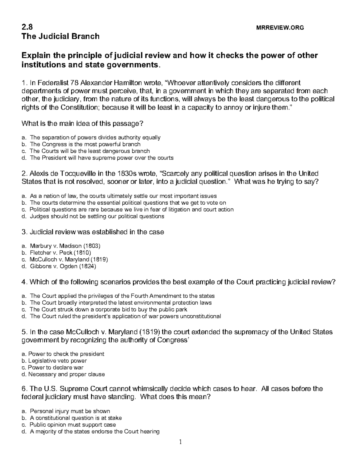 2.8 Assessment - 1 2. 8 MRREVIEW The Judicial Branch Explain the ...
