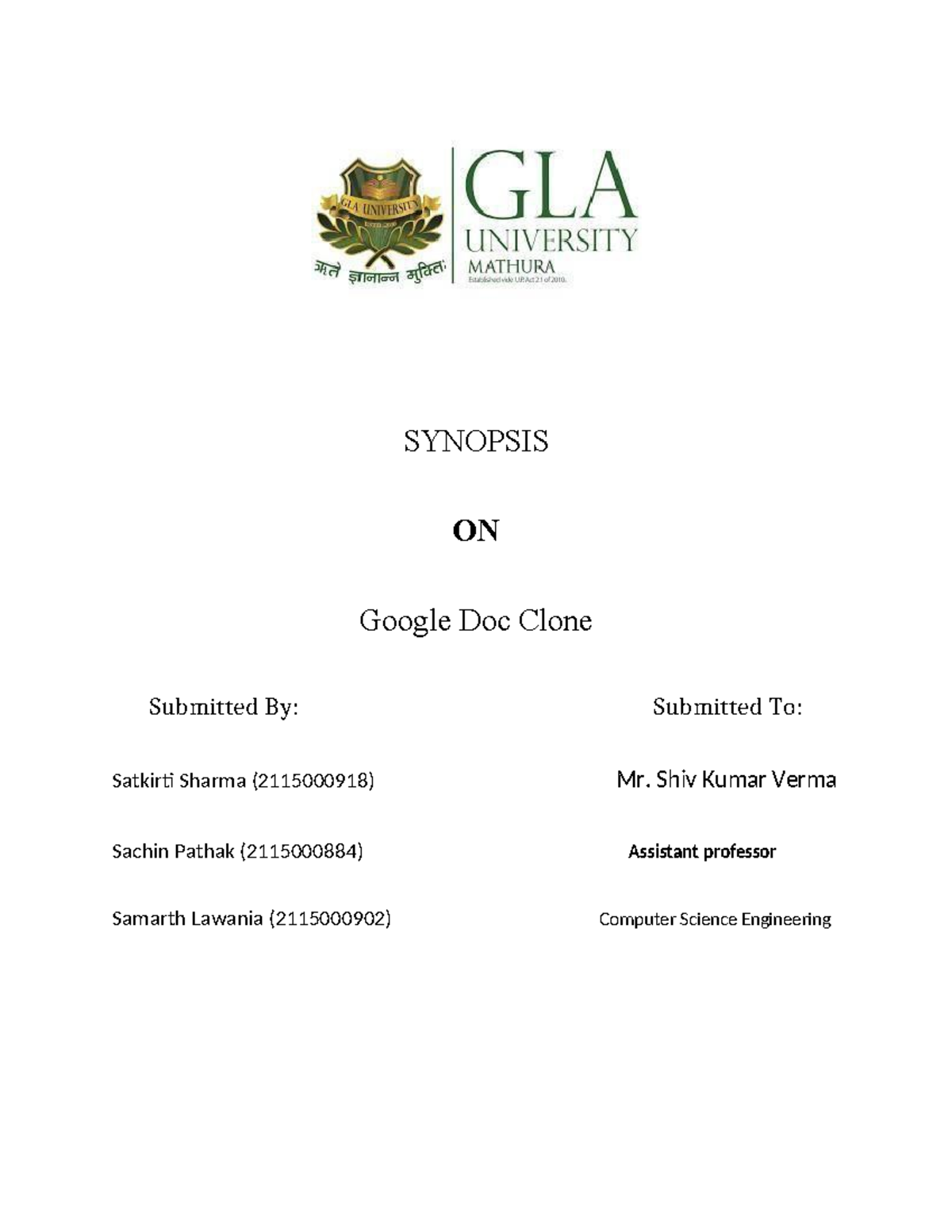 Synopsis Google Doc Clone 2 - SYNOPSIS ON Google Doc Clone Submitted By ...