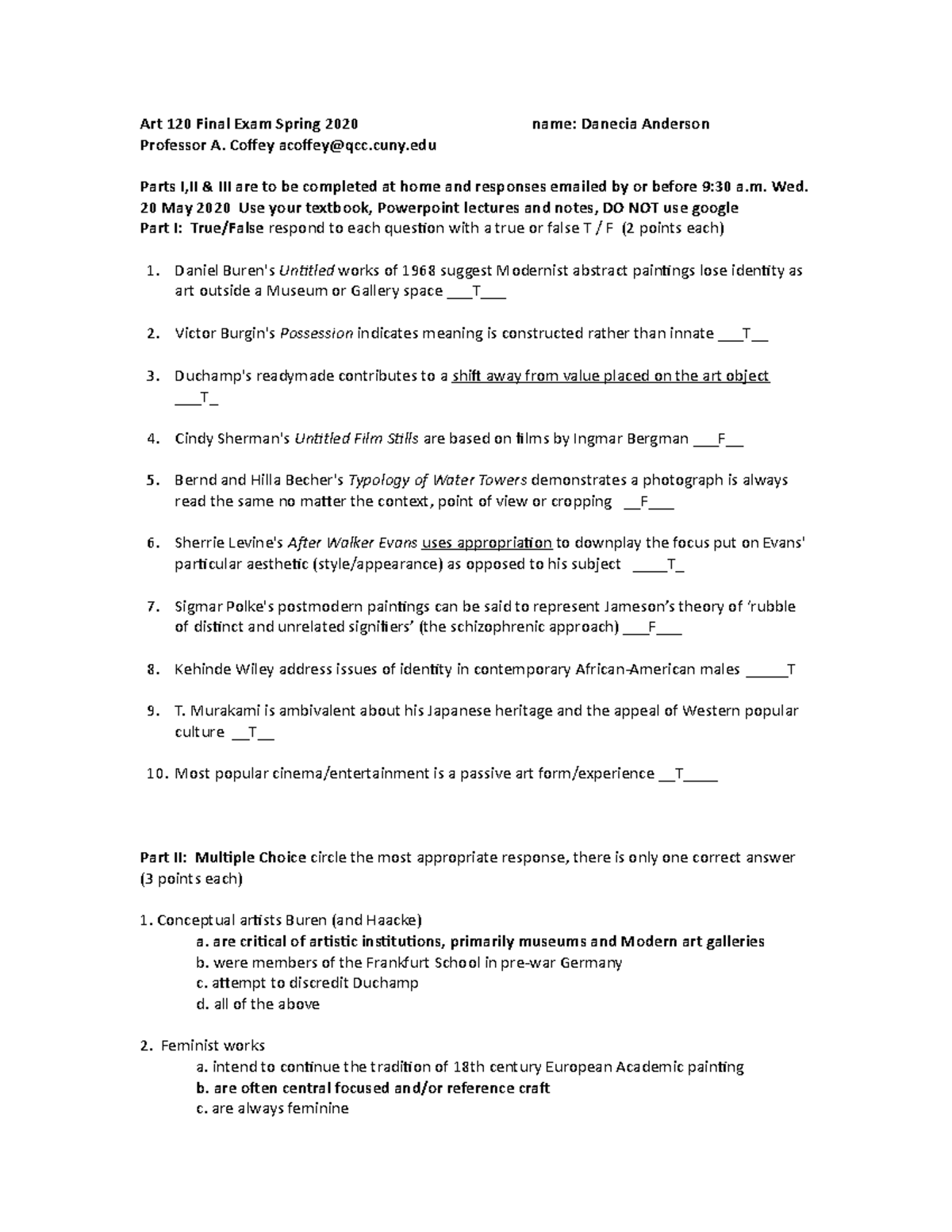 Art 120 Final Exam 2020 Pt I,II & III take-home - Art 120 Final Exam ...