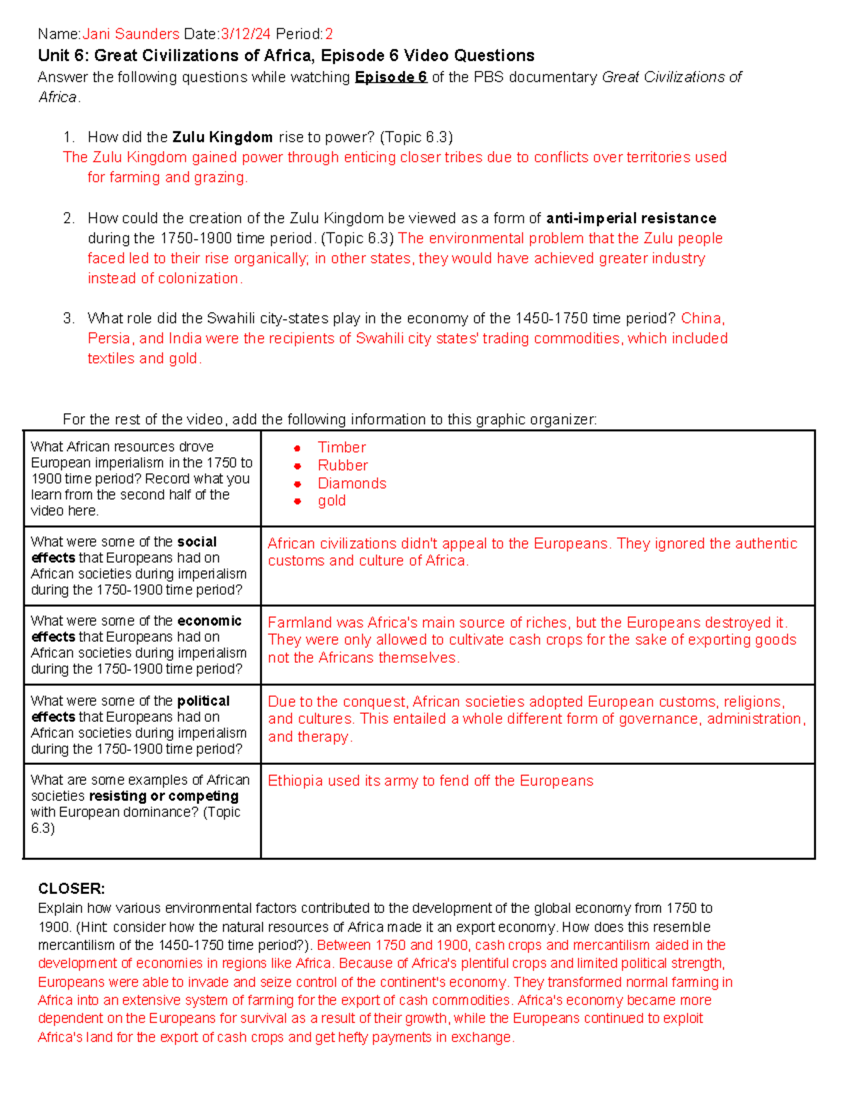 Unit 6 Great Civilizations of Africa Epsiode 6 Viewing Guide - Name ...
