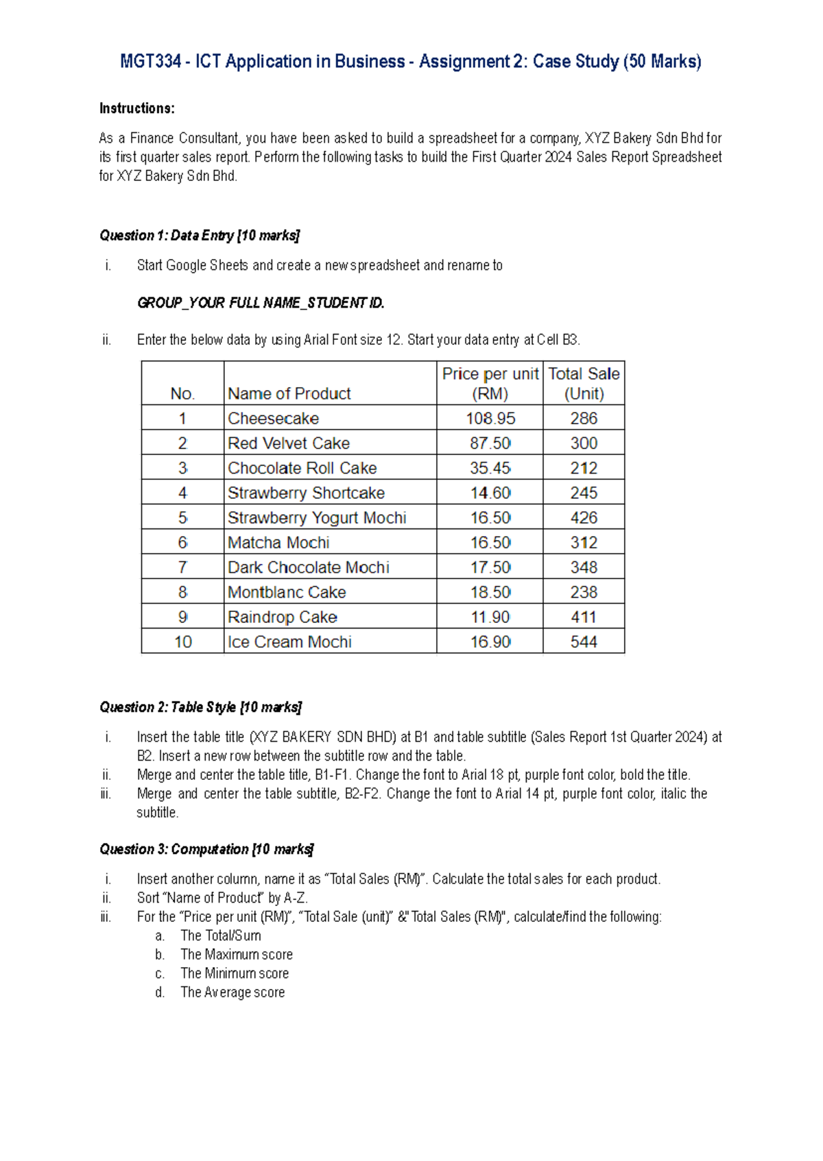 MGT334-Assignment 2-Google Sheets 2024 - MGT334 - ICT Application in ...