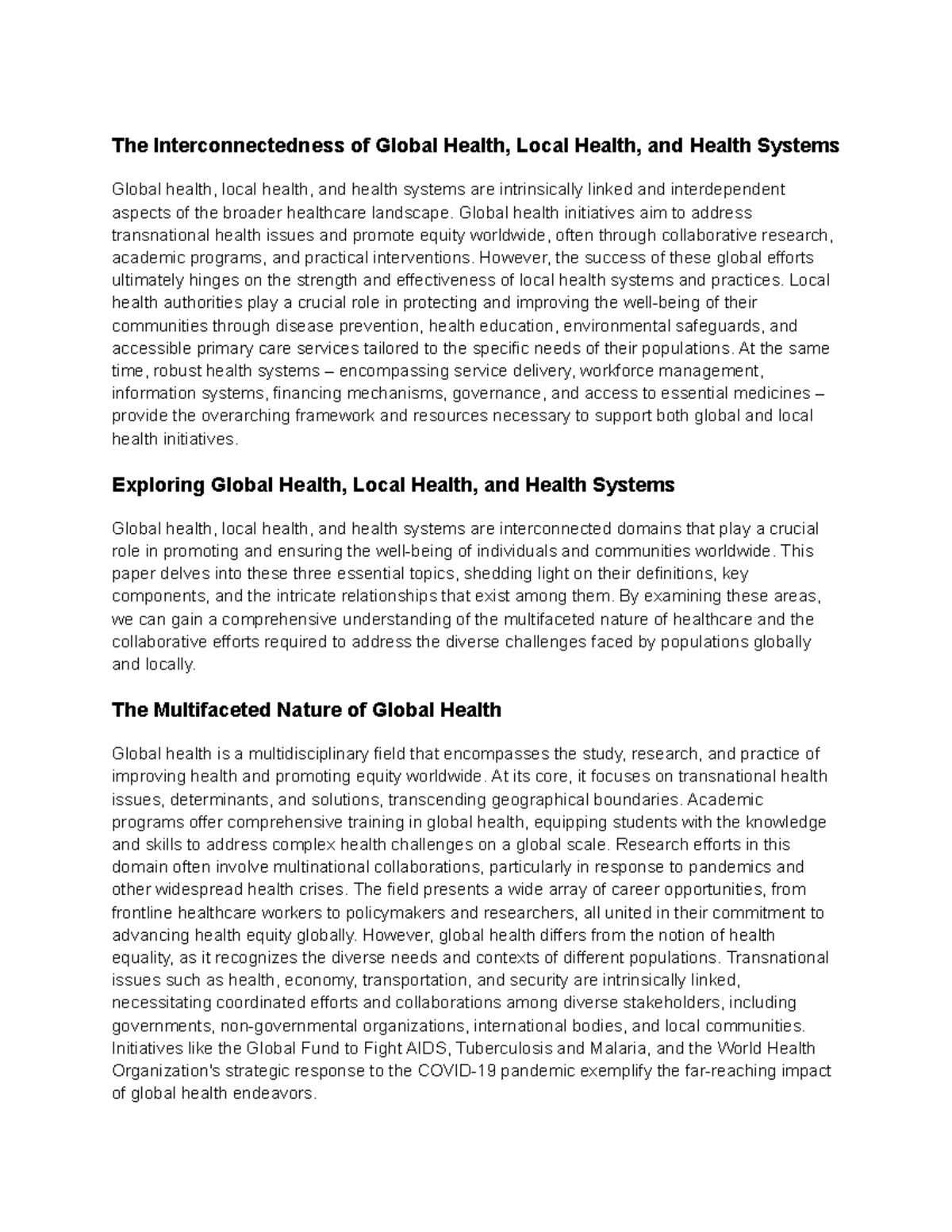 Health Care Paper 1 - The Interconnectedness of Global Health, Local ...