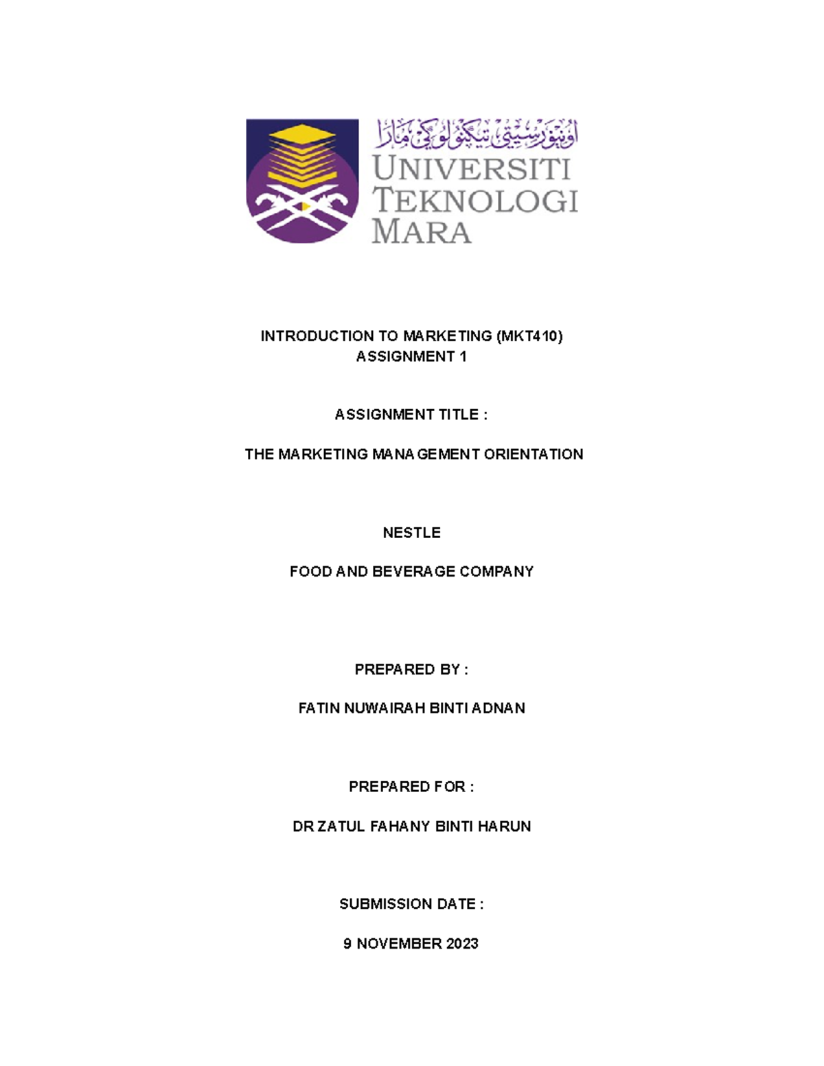 MKT410 - Fatin Nuwairah Binti Adnan Assignment Individual ( Nestle ...