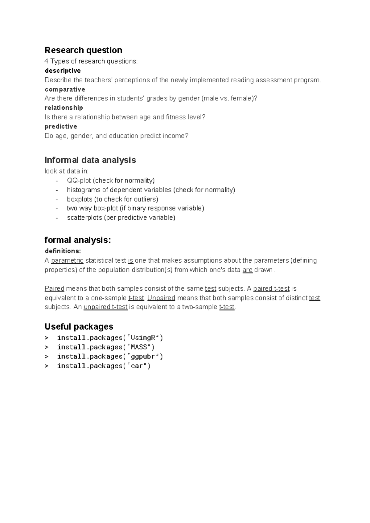Statistics summary and cheat sheet for functions in R - Research ...