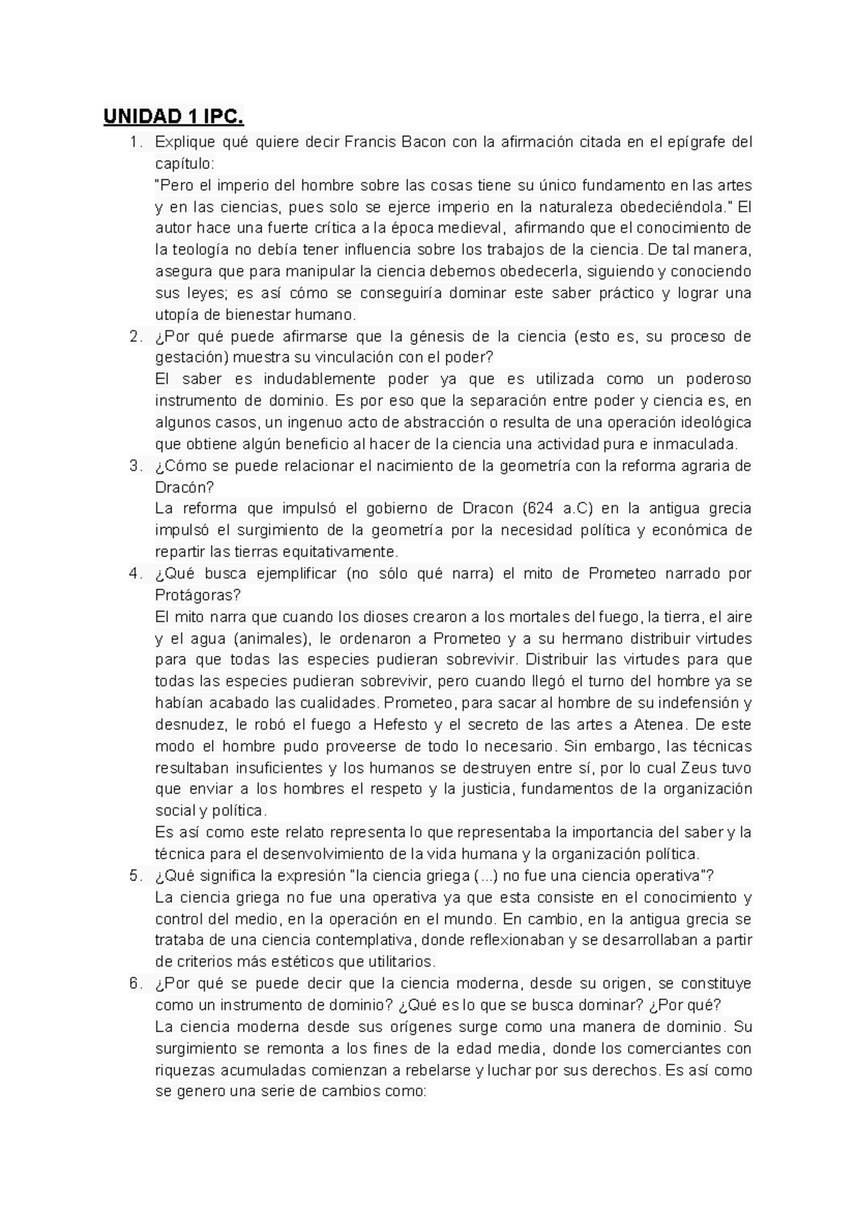 IPC Resumen 1 - ipc flax - UNIDAD 1 IPC. Explique qué quiere decir Francis Bacon con la ...