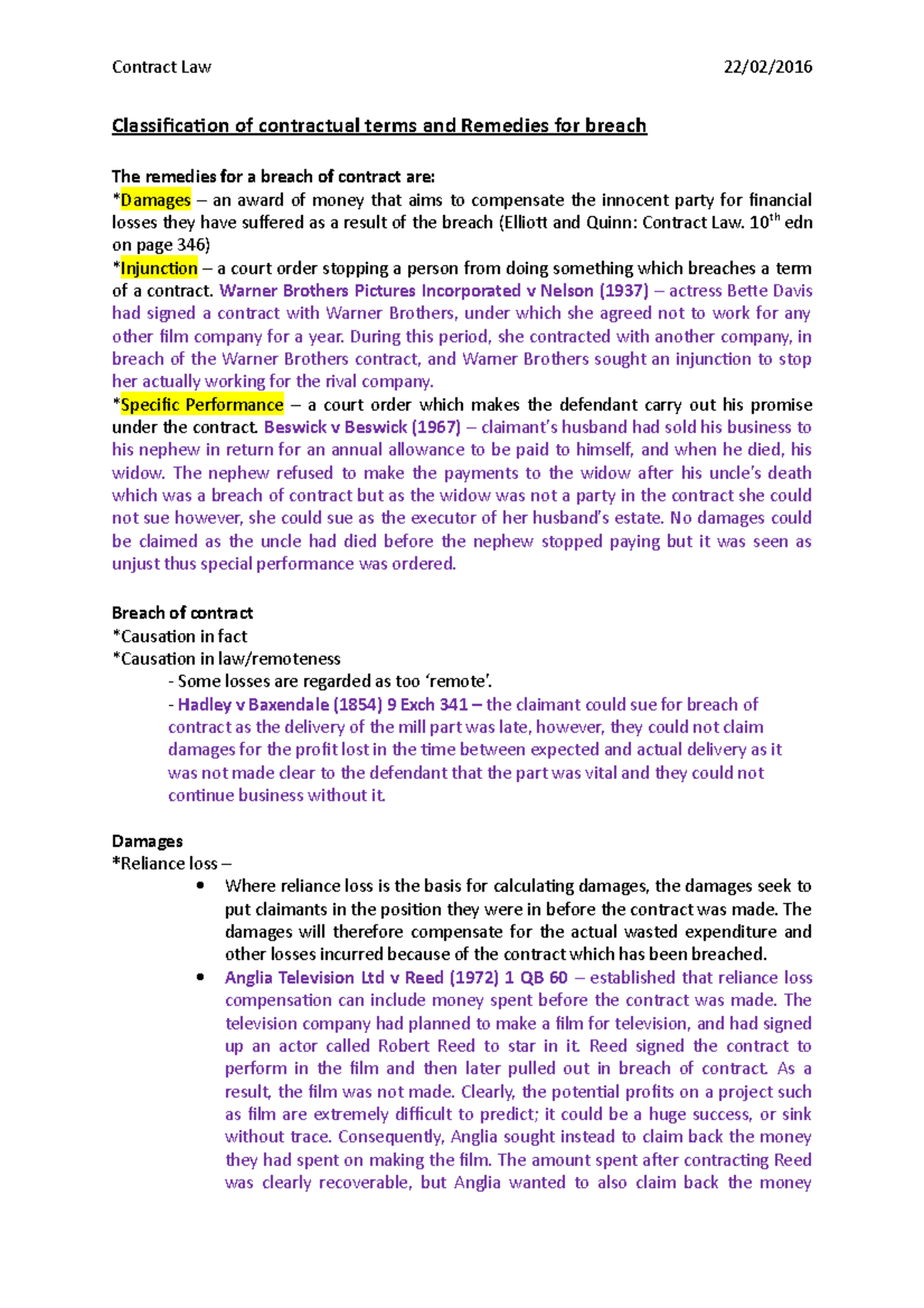Classification of contractual terms and Remedies for breach - Contract ...