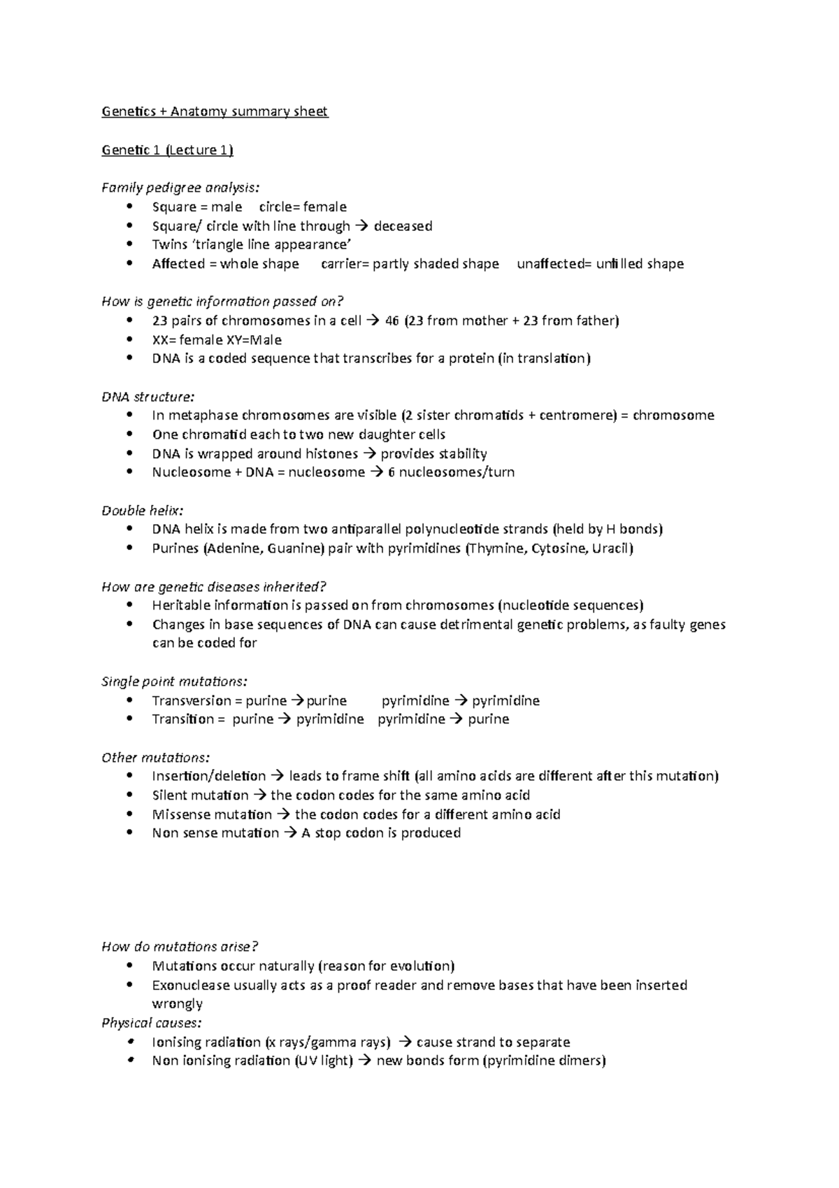 Genetics summary sheet 2 - Genetics + Anatomy summary sheet Genetic 1 ...