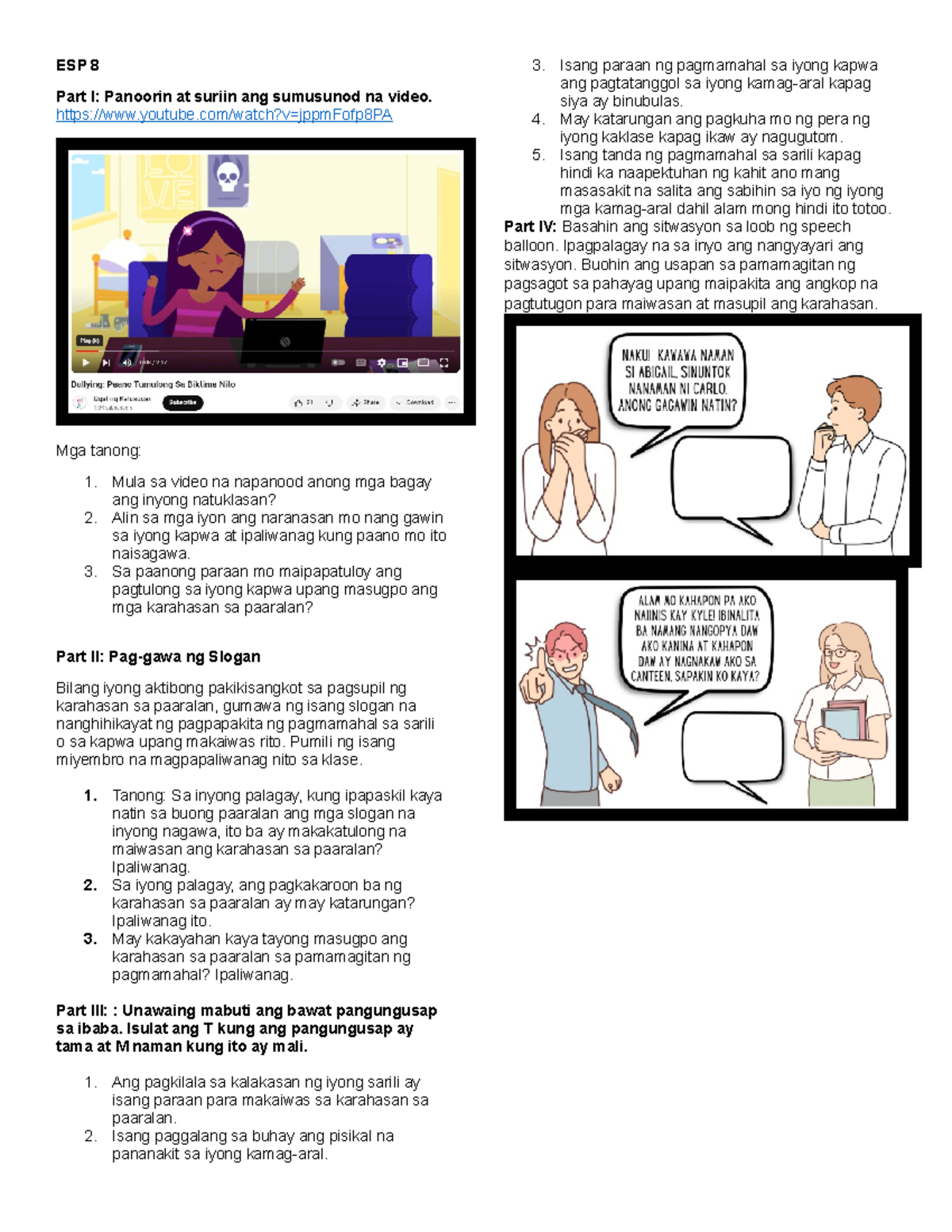 ESP 8 may2 - worksheet - ESP 8 Part I: Panoorin at suriin ang sumusunod ...