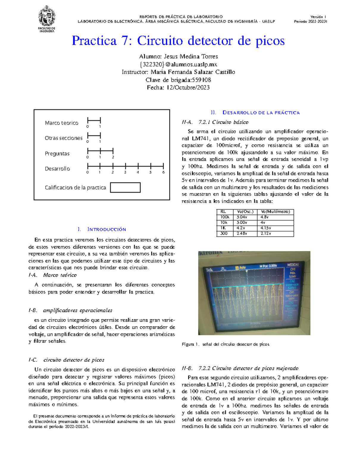 P7 Electronica MTJ - REPORTE DE PR ́ACTICA DE LABORATORIO Versi ́on 1 LABORATORIO DE ELECTR ...