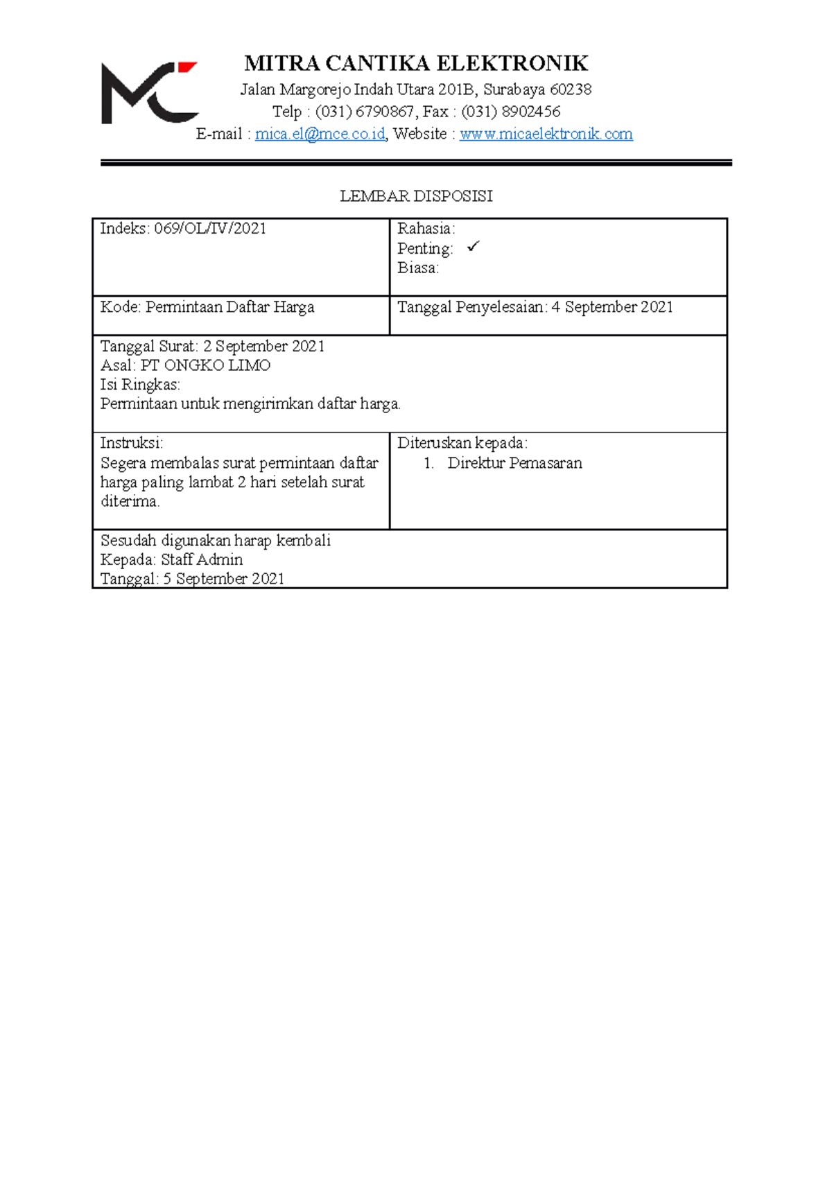 Contoh Disposisi - Jalan Margorejo Indah Utara 201B, Surabaya 60238 ...