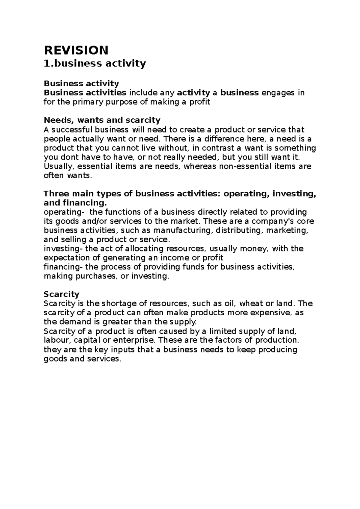 Business revision unit1 - REVISION 1 activity Business activity ...