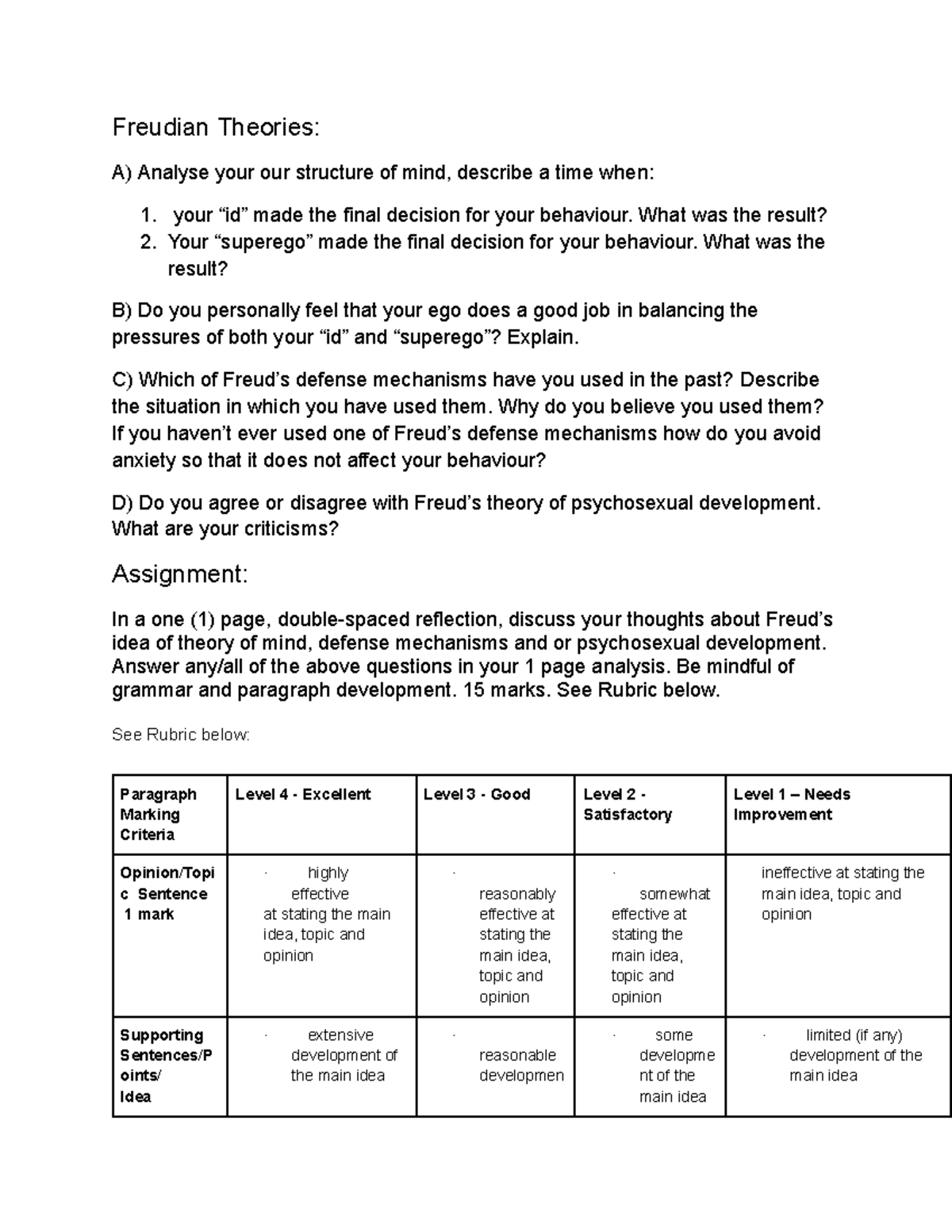 Freudian Theories Assignment - Freudian Theories: A) Analyse your our ...