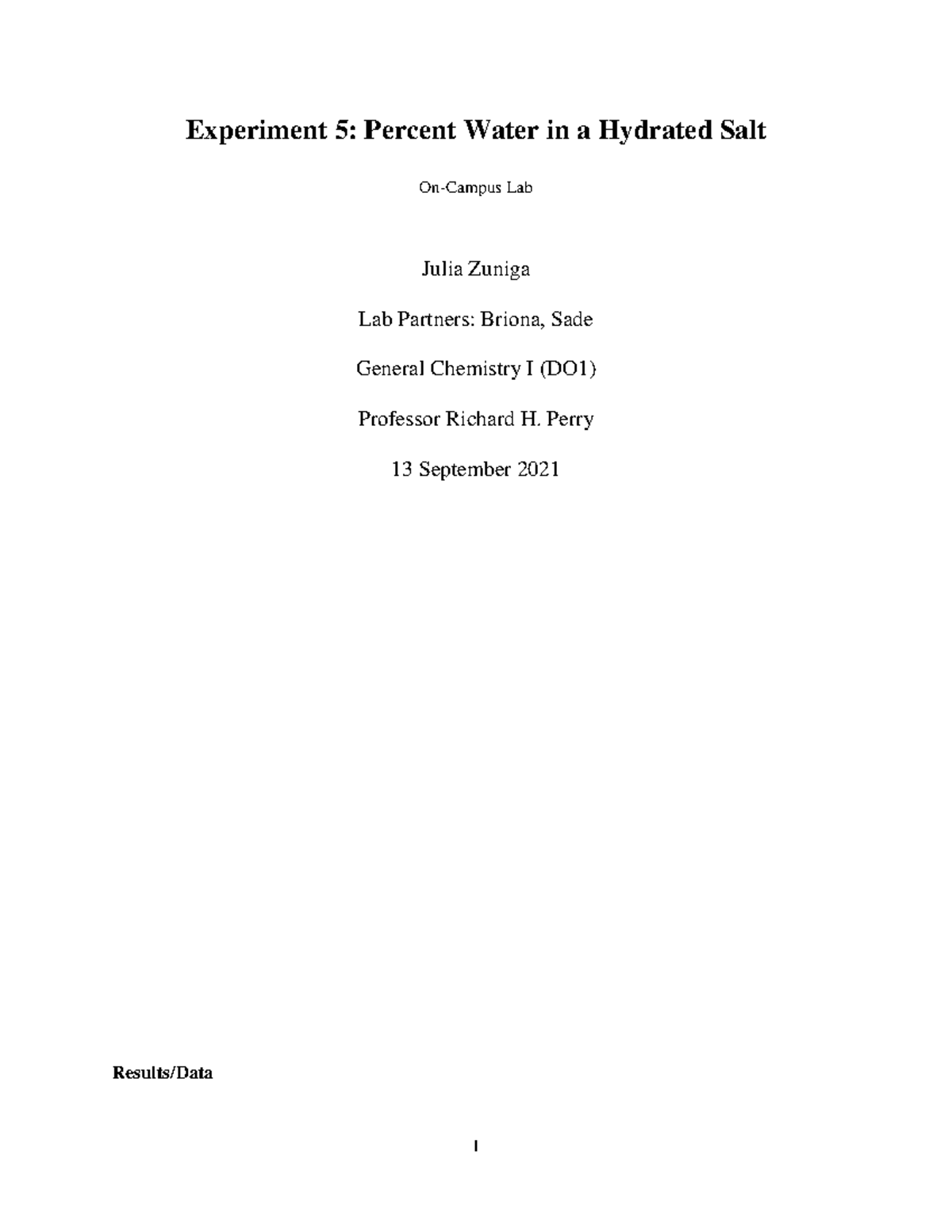 Experiment 5- Percent Water in a Hydrated Salt - 1 Experiment 5 ...