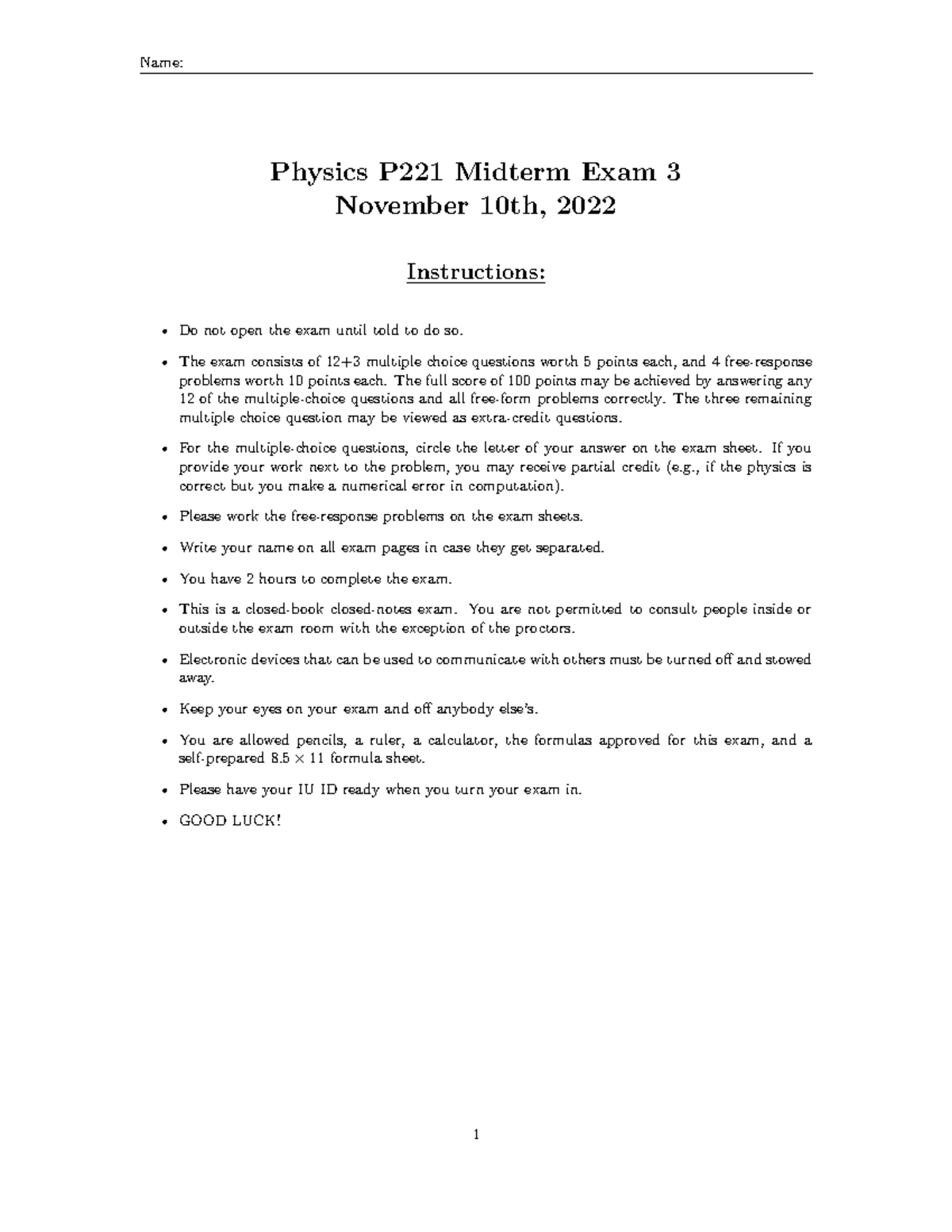P221-2022-Exam3 - physics exam review - Physics P221 Midterm Exam 3 ...