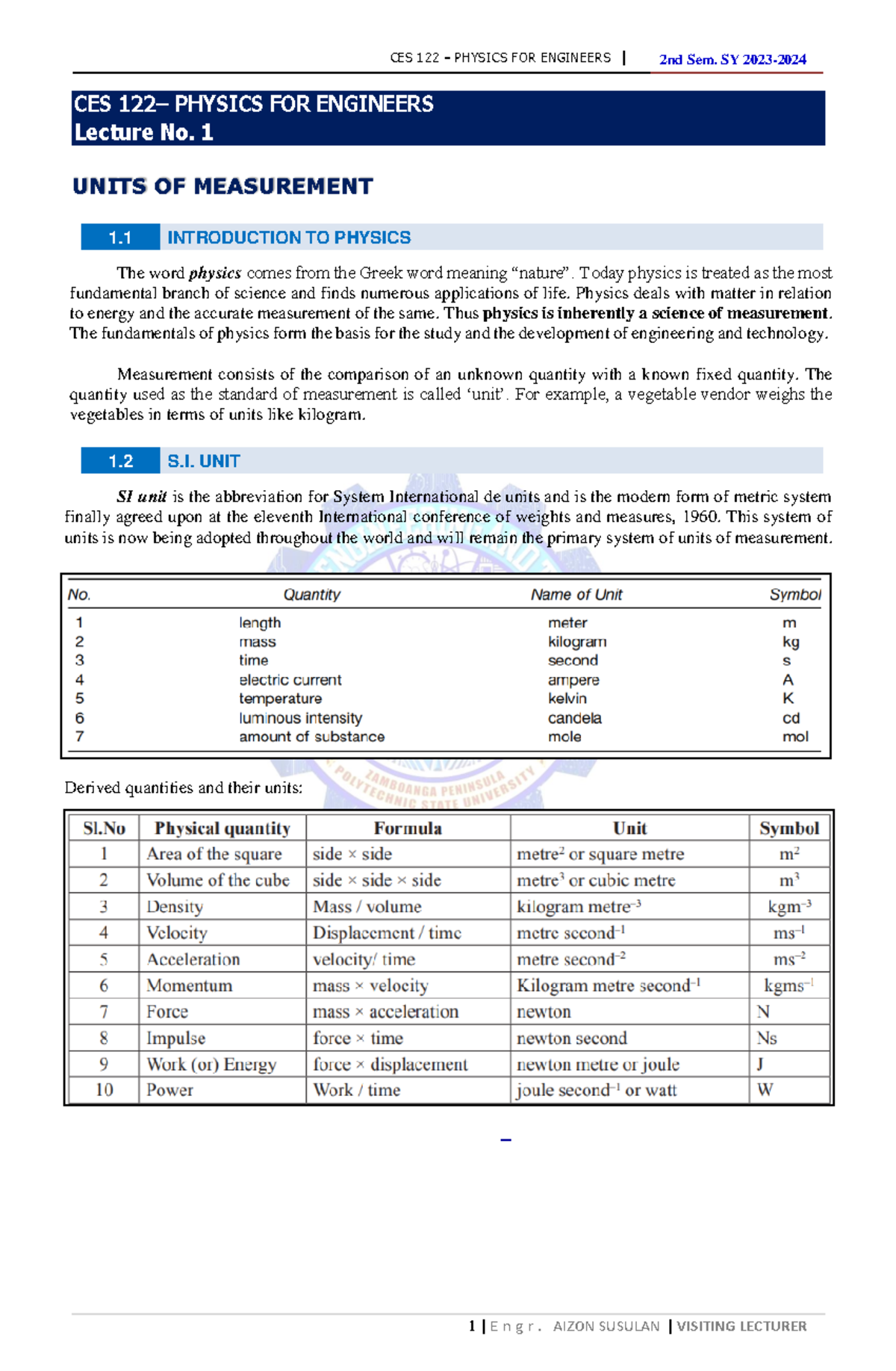 CES 122 - Topic 1 Units OF Measurement - LIST OF Tables - The word ...