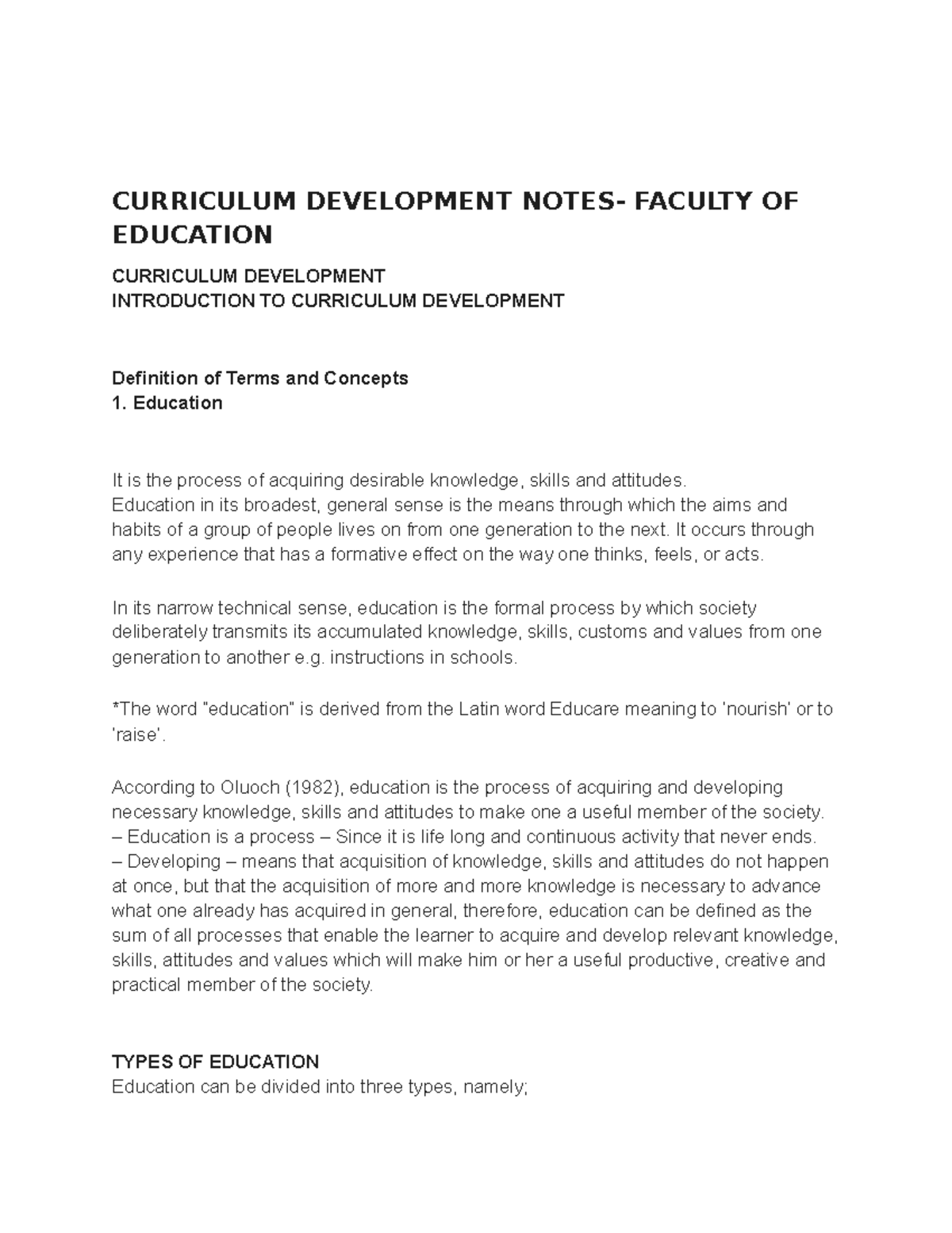 Lecture notes on curriculum - CURRICULUM DEVELOPMENT NOTES- FACULTY OF ...