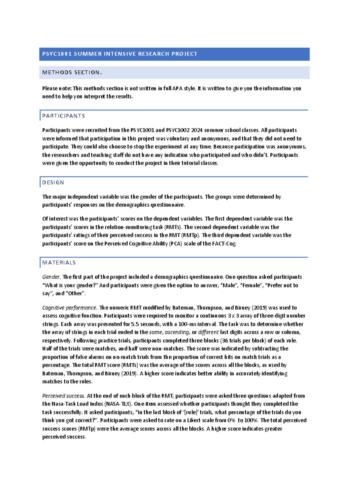 Method information for research report P1 - PSYC100 1 SUMMER INTENSIVE ...