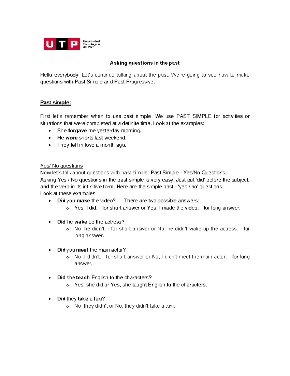 Week 8 - Script - Asking questions in the past - Asking questions in ...