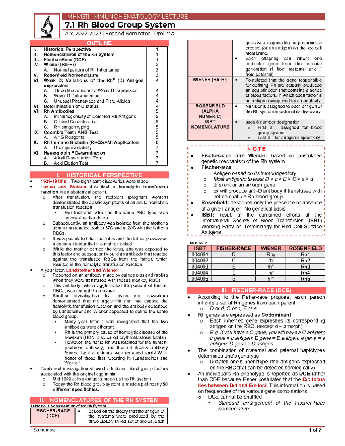 IMH LEC WEEK 7 - IMHM311: IMMUNOHEMATOLOGY LECTURE 7 .1 Rh Blood Group System A. 2022- 2023 ...